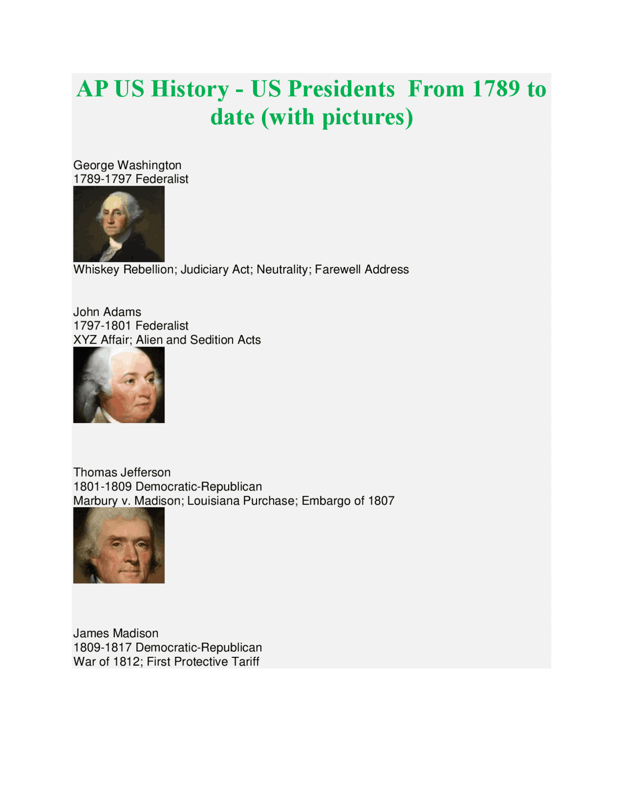 AP US History - US Presidents From 1789 to date (with pictures) | Exams ...