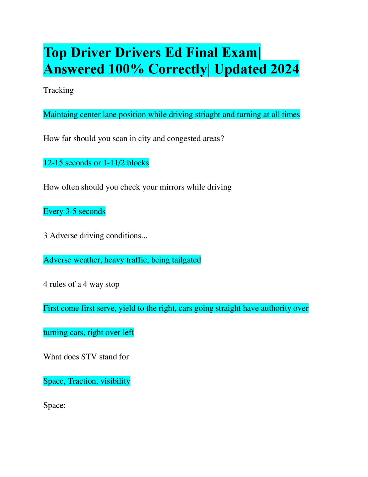 Top Driver Drivers Ed Final Exam|Answered 100% Correctly| Updated 2024 ...