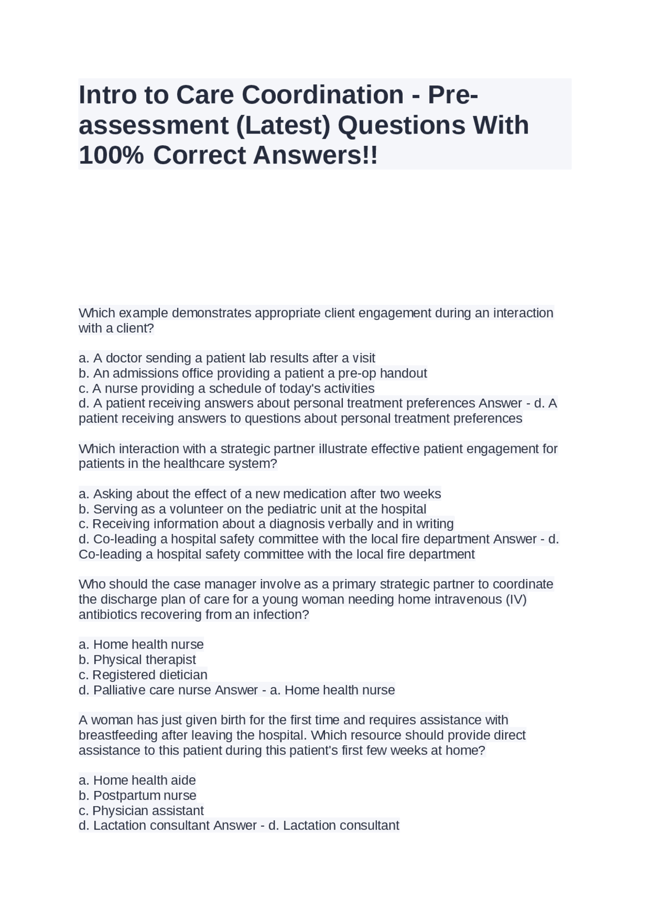 Intro to Care Coordination - Pre-assessment (Latest) Questions With 100 ...