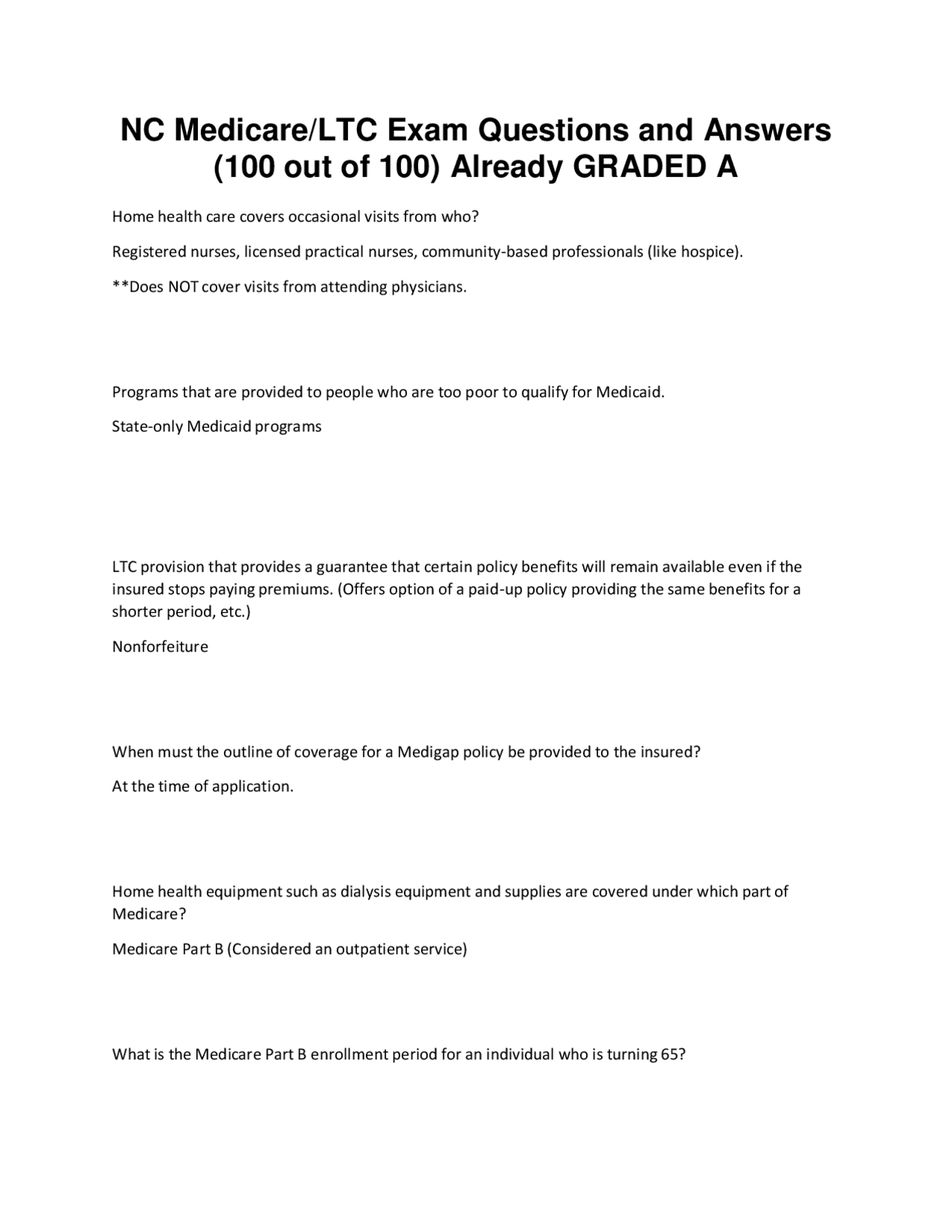 NC Medicare LTC Exam Questions and Answers (100 out of 100) Already ...