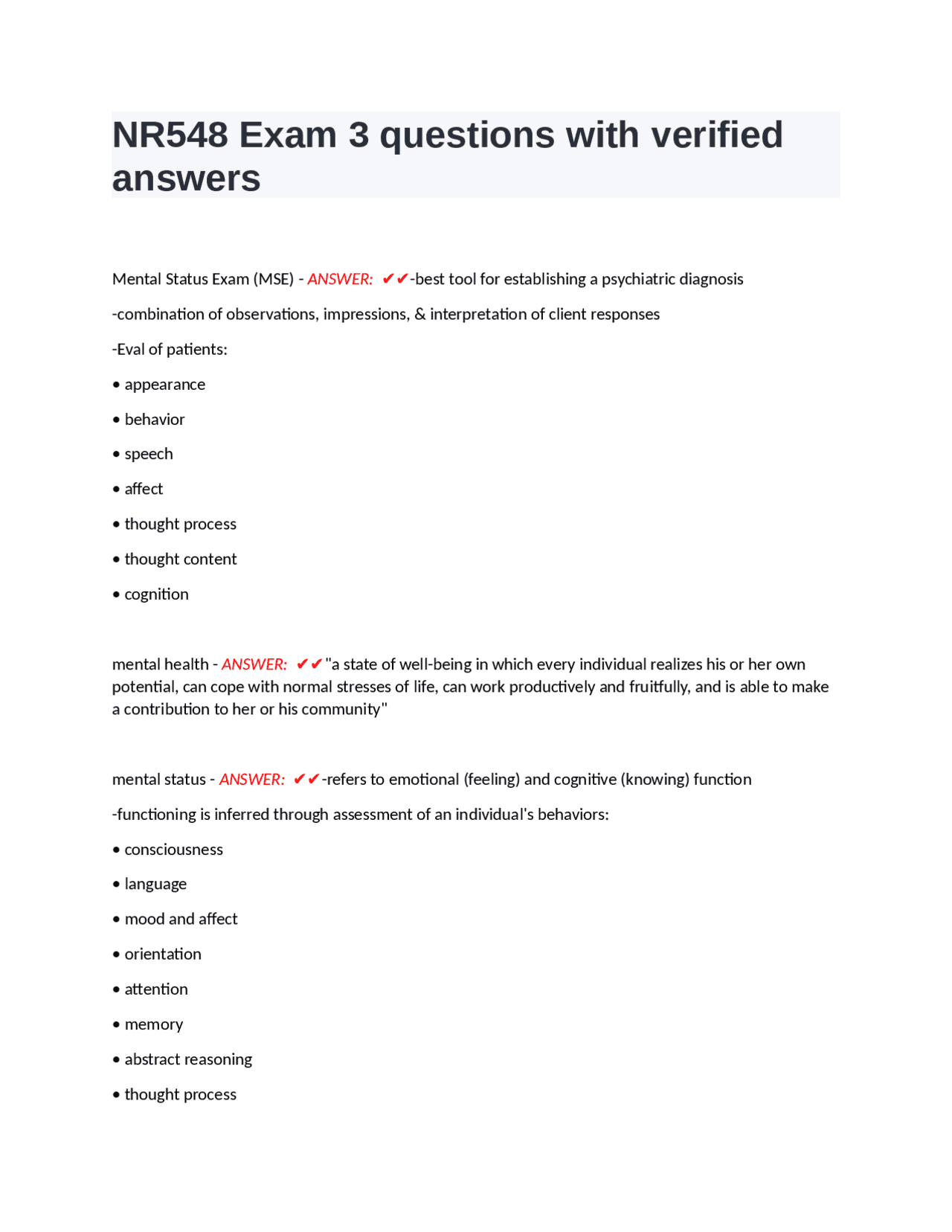 NR548 Exam 3 questions with verified answers | Exams Nursing | Docsity