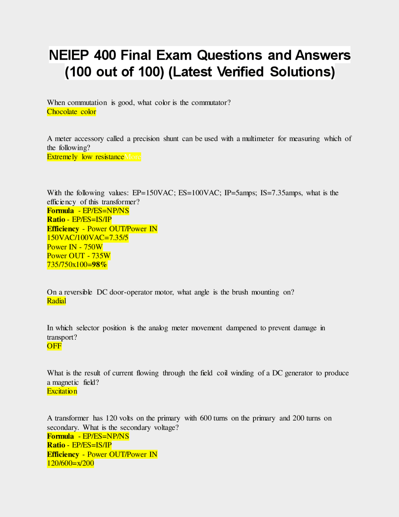 NEIEP 400 Final Exam Questions and Answers (100 out of 100) (Latest ...