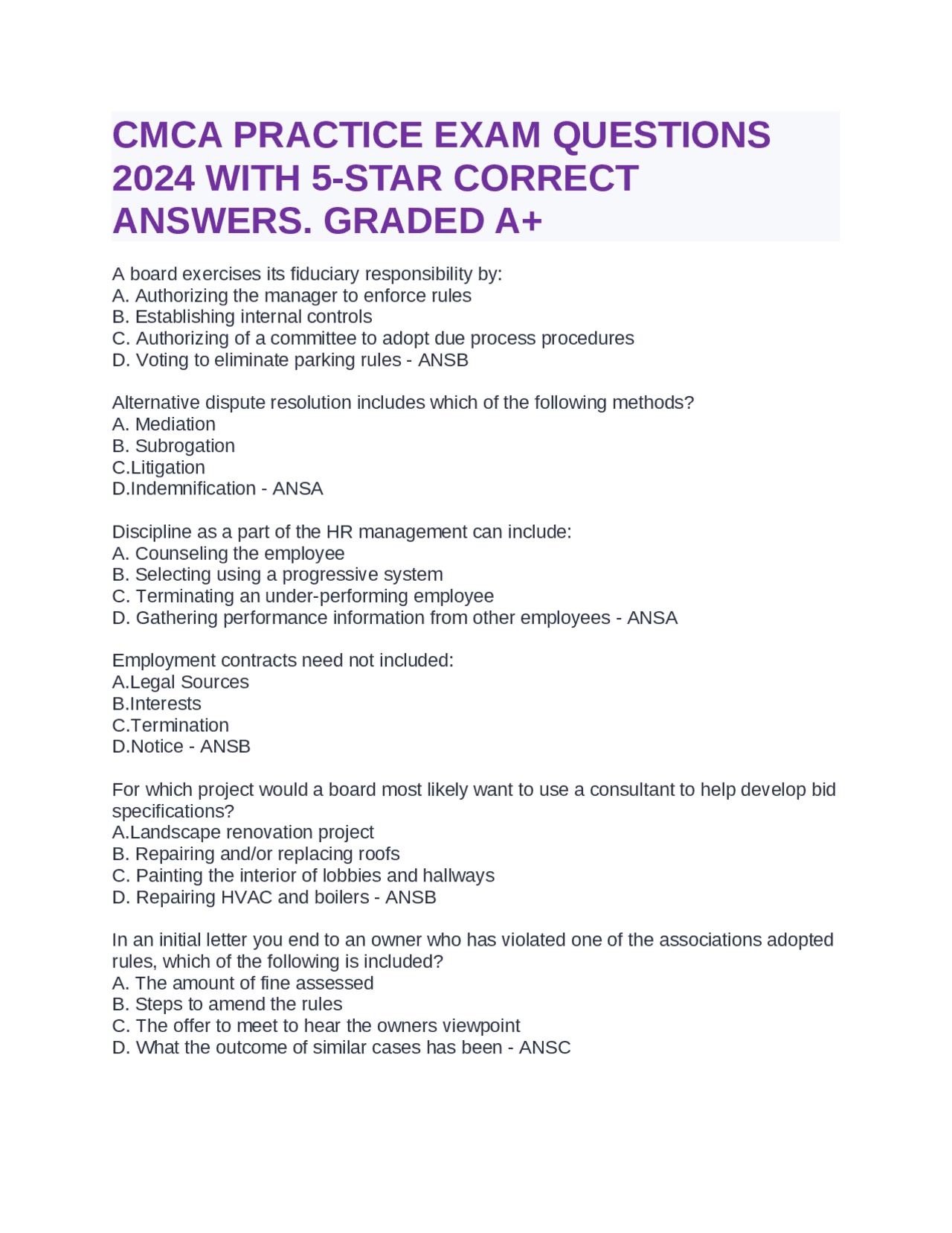 CMCA PRACTICE EXAM QUESTIONS 2024 WITH 5-STAR CORRECT ANSWERS. GRADED ...