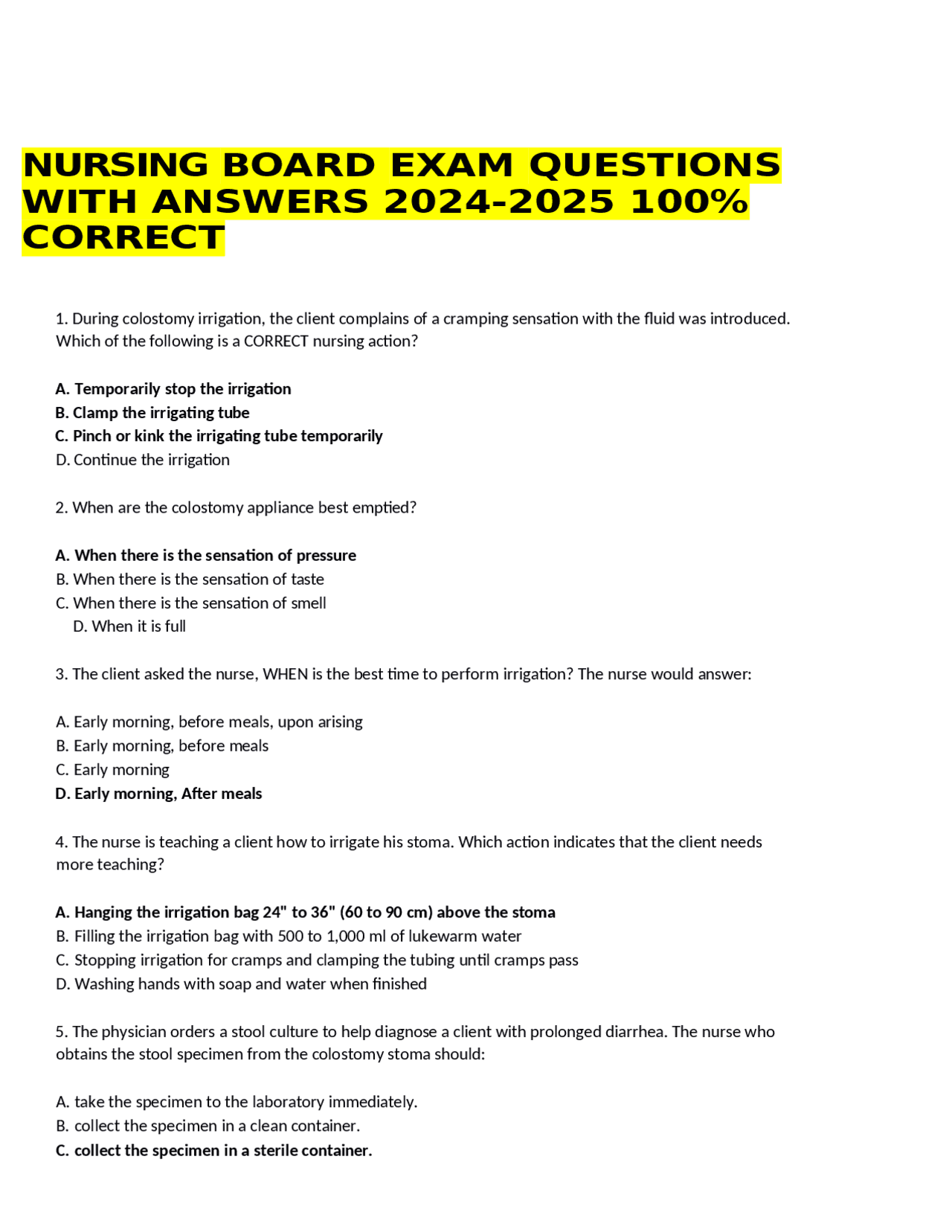 NURSING BOARD EXAM QUESTIONS WITH ANSWERS 2024-2025 100% CORRECT ...