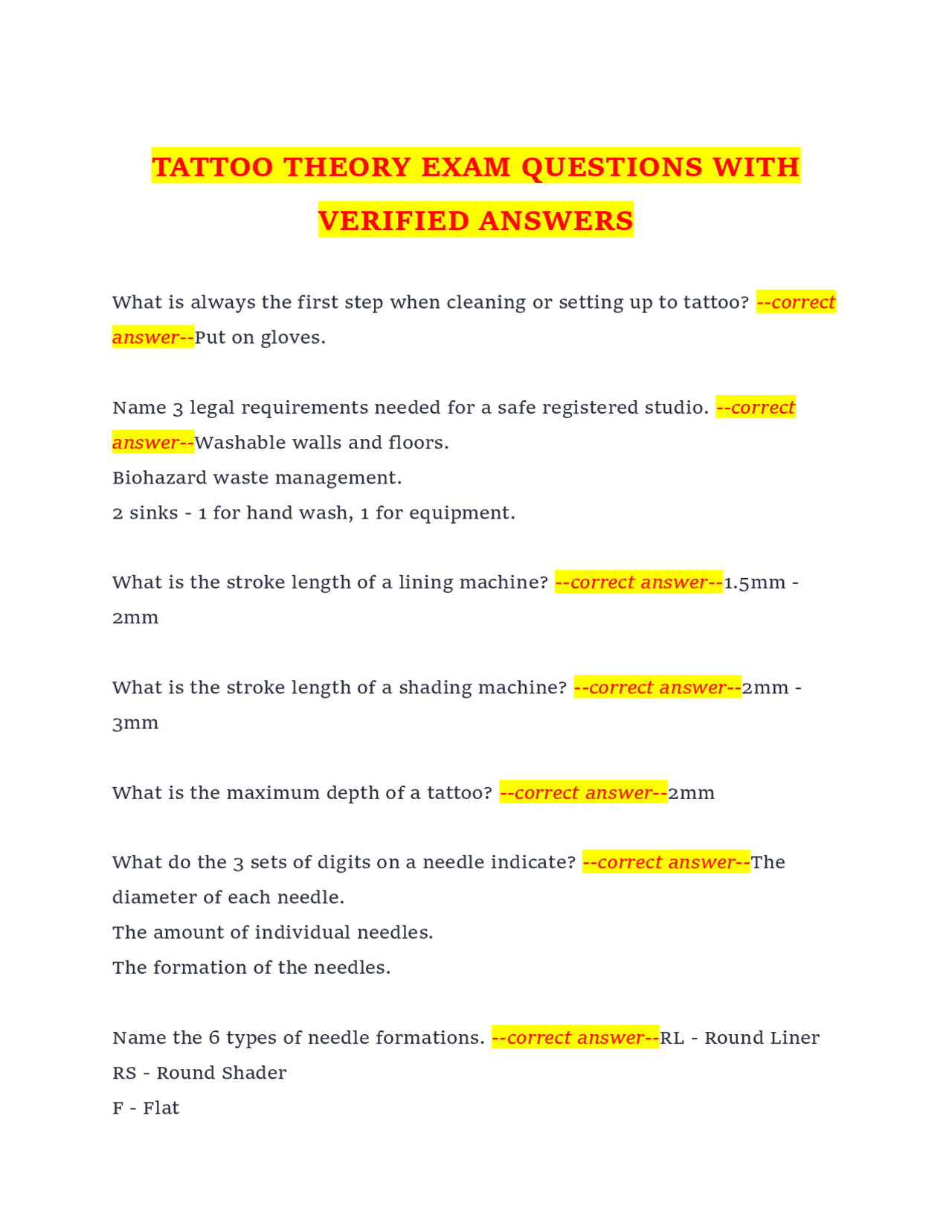 TATTOO THEORY EXAM QUESTIONS WITH VERIFIED ANSWERS | Exams Nursing ...