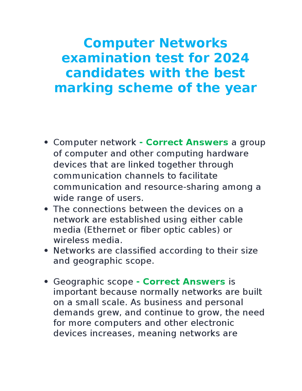 Computer Networks Examination Test For 2024 Candidates With The Best Marking Scheme Of The 