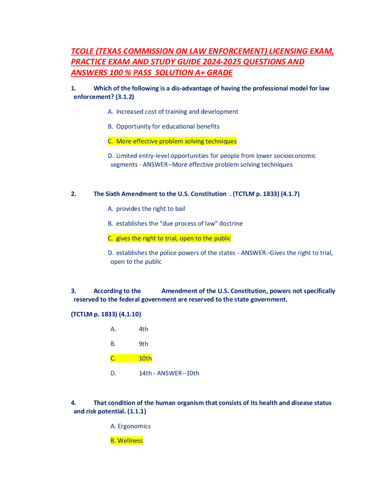 TCOLE EXAM 2024 NEW UPDATED VERSION | Exams Public Health | Docsity