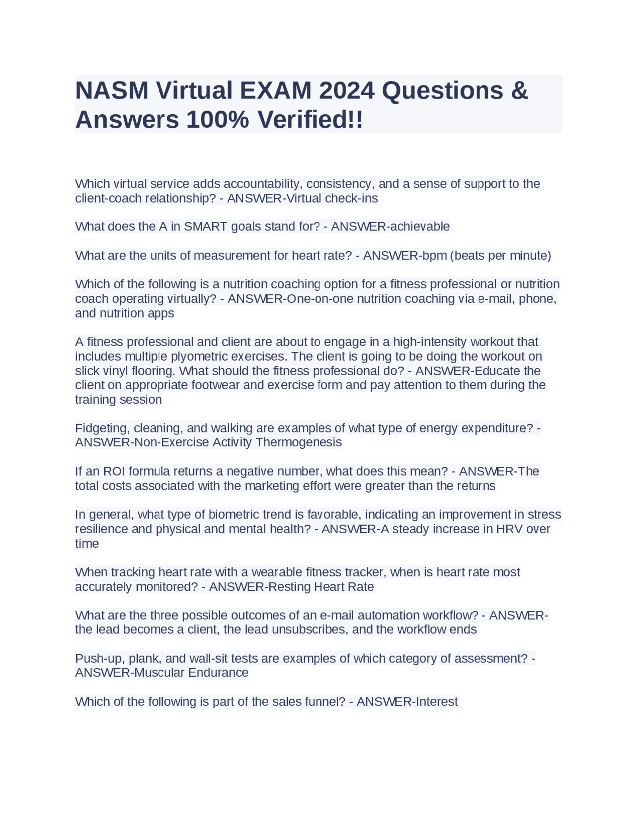 NASM Virtual EXAM 2024 Questions & Answers 100% Verified!! | Exams ...
