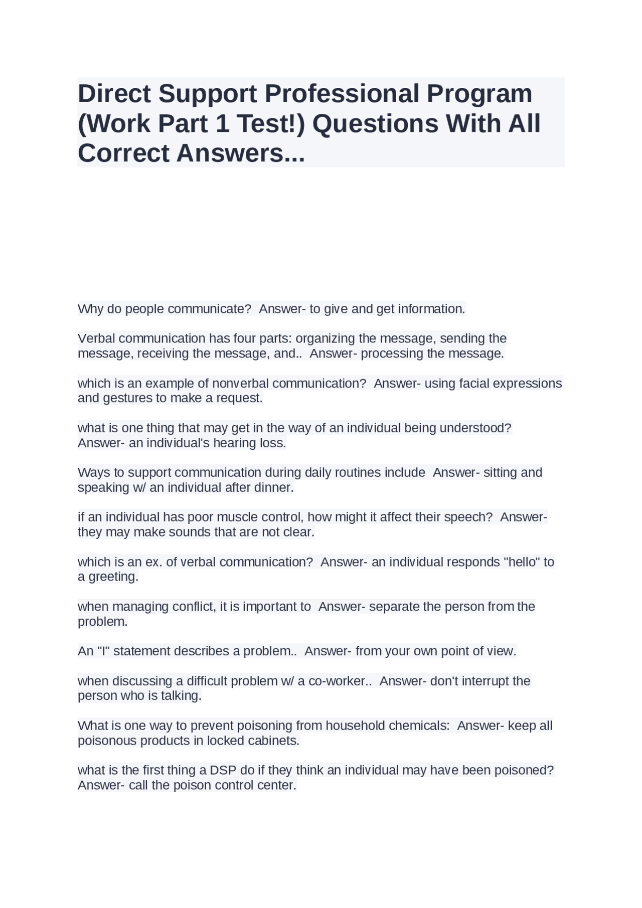 Direct Support Professional Program (Work Part 1 Test!) Questions With ...