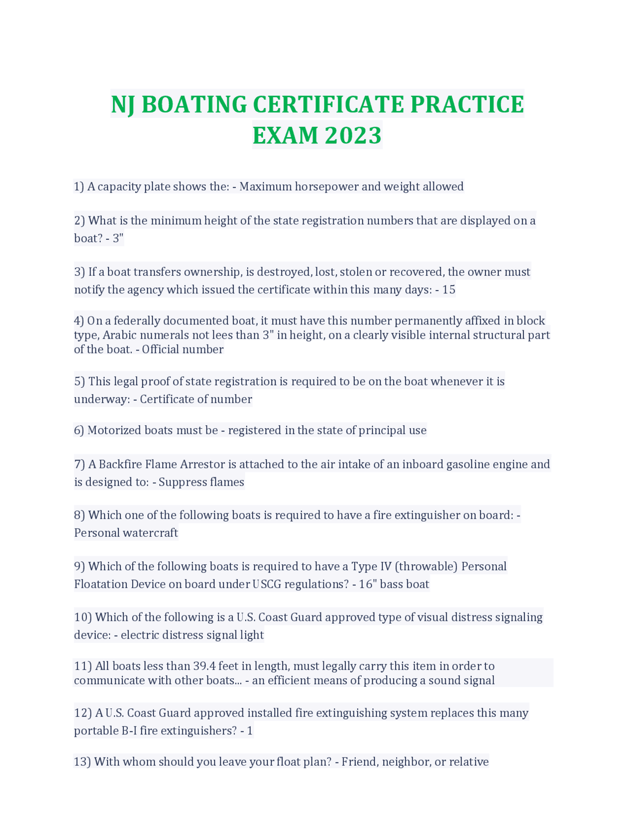 NJ BOATING CERTIFICATE PRACTICE EXAM 2023.pdf | Exams Biology | Docsity