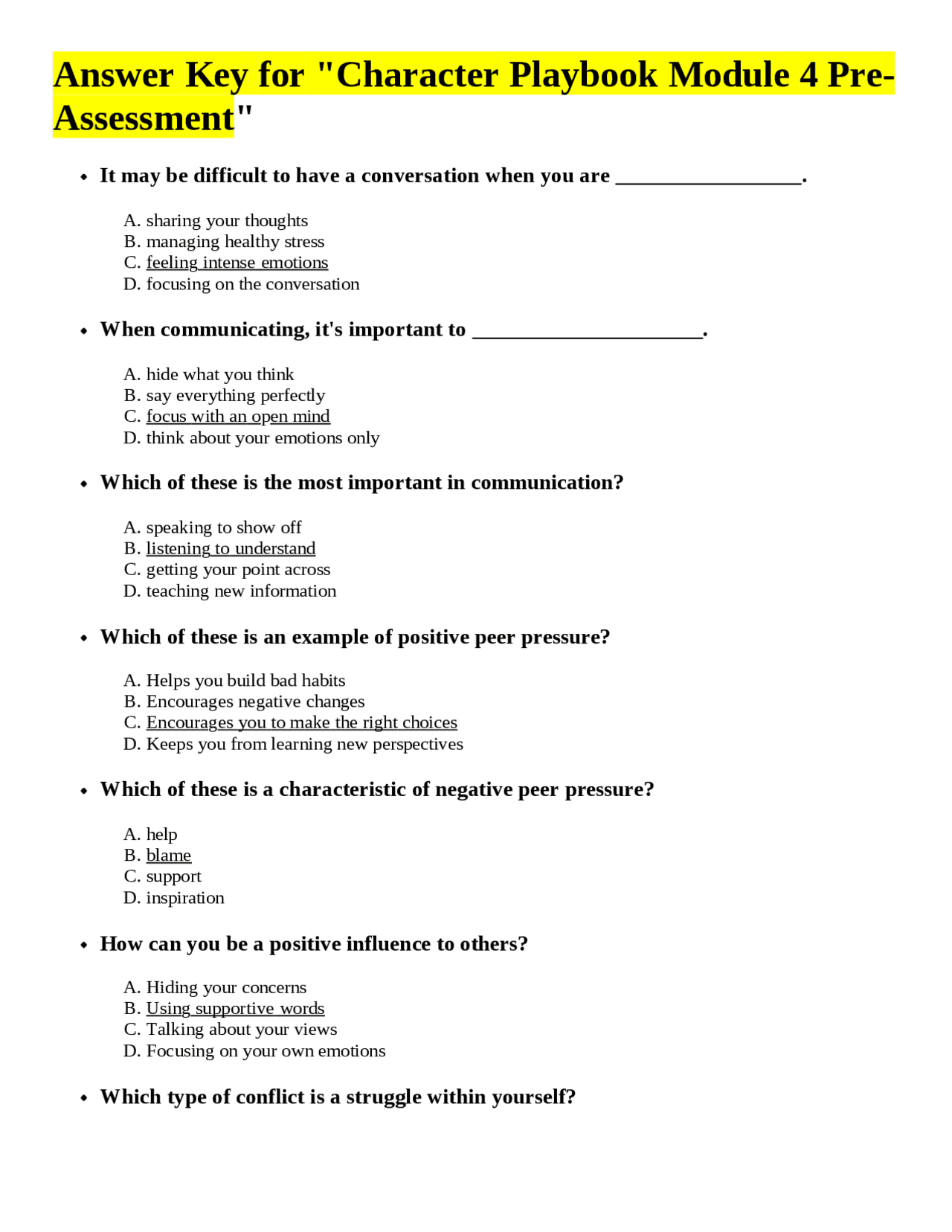 Answer Key - Character Playbook Module 4 Pre-Assessment Answer Keys for unit 3 | Exams ...