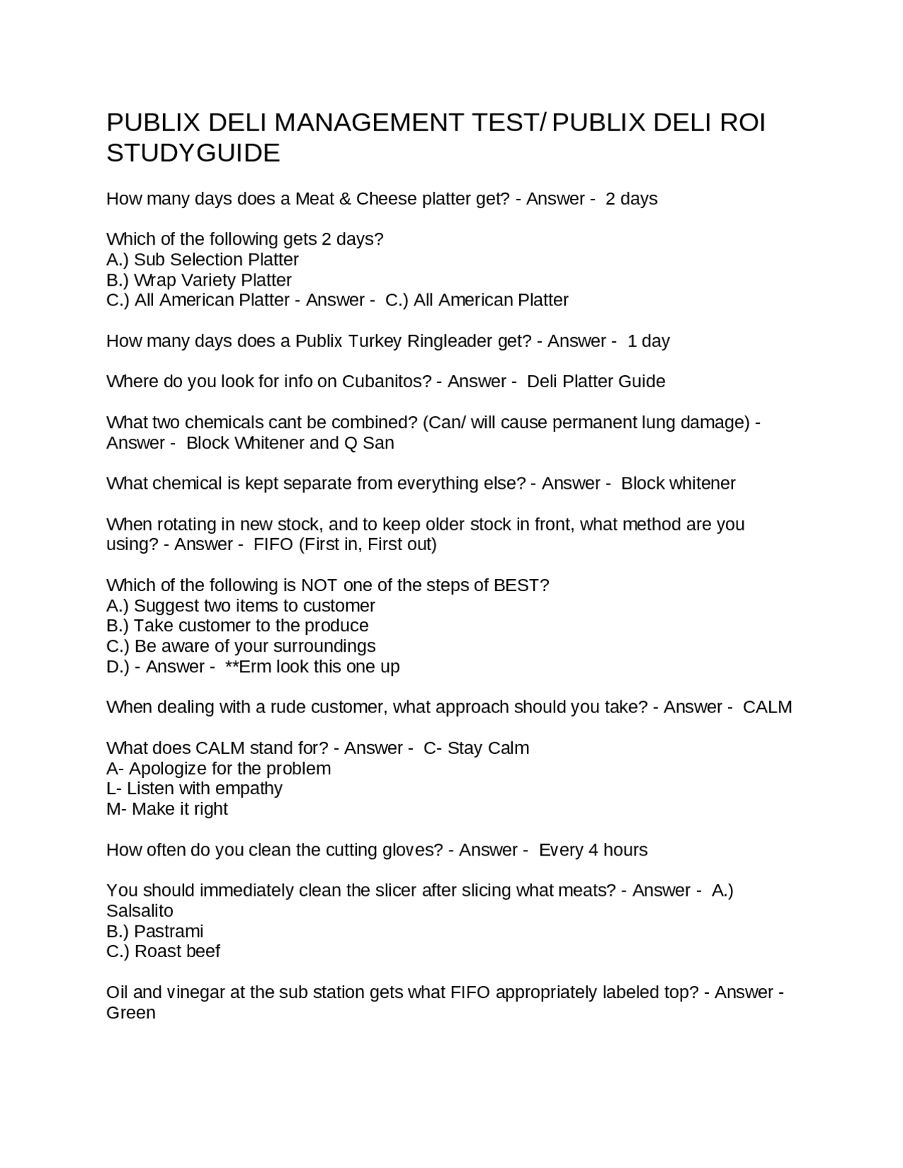 PUBLIX DELI MANAGEMENT TEST/ PUBLIX DELI ROI STUDYGUIDE | Exams Nursing ...
