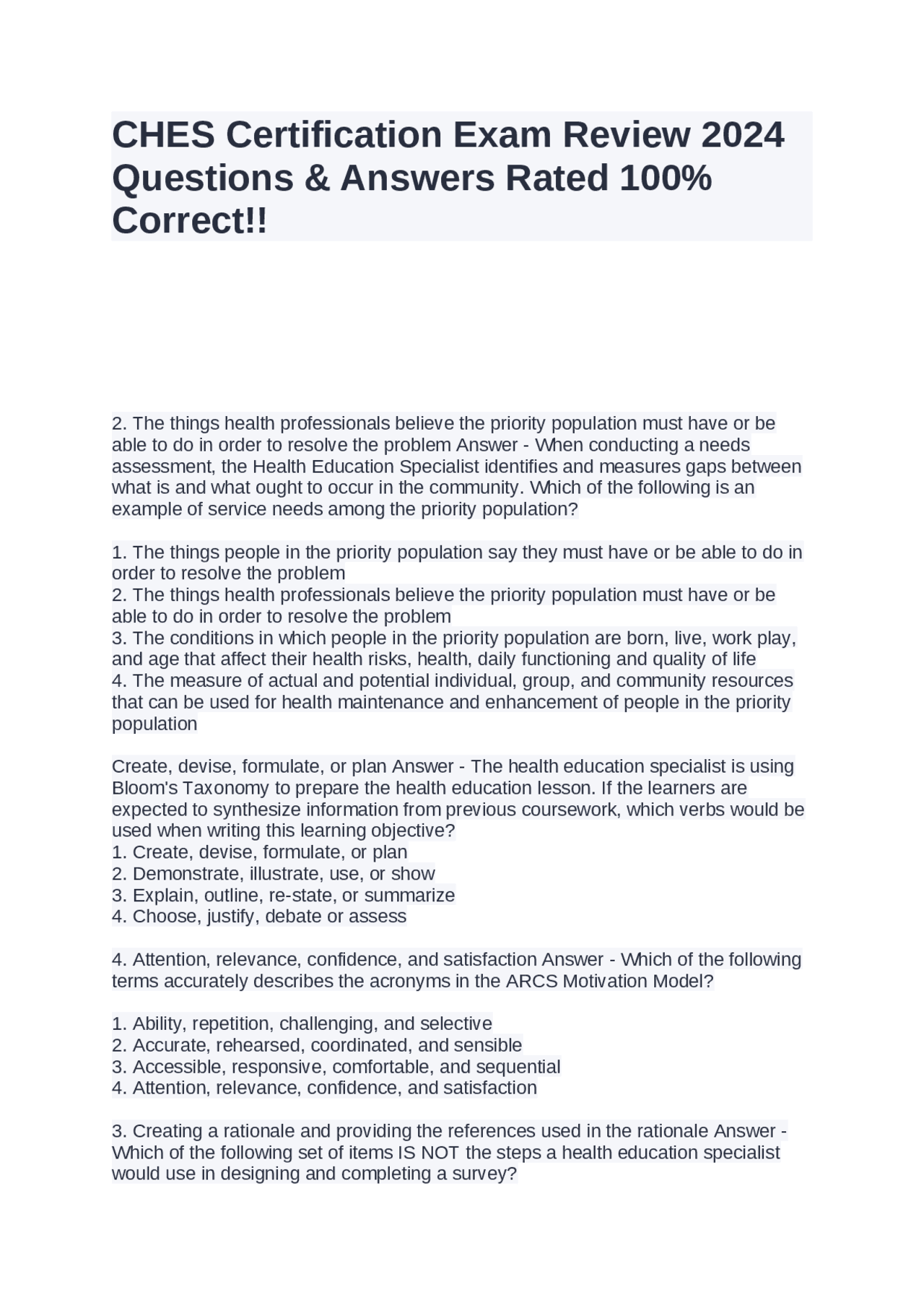 CHES Certification Exam Review 2024 Questions & Answers Rated 100% ...