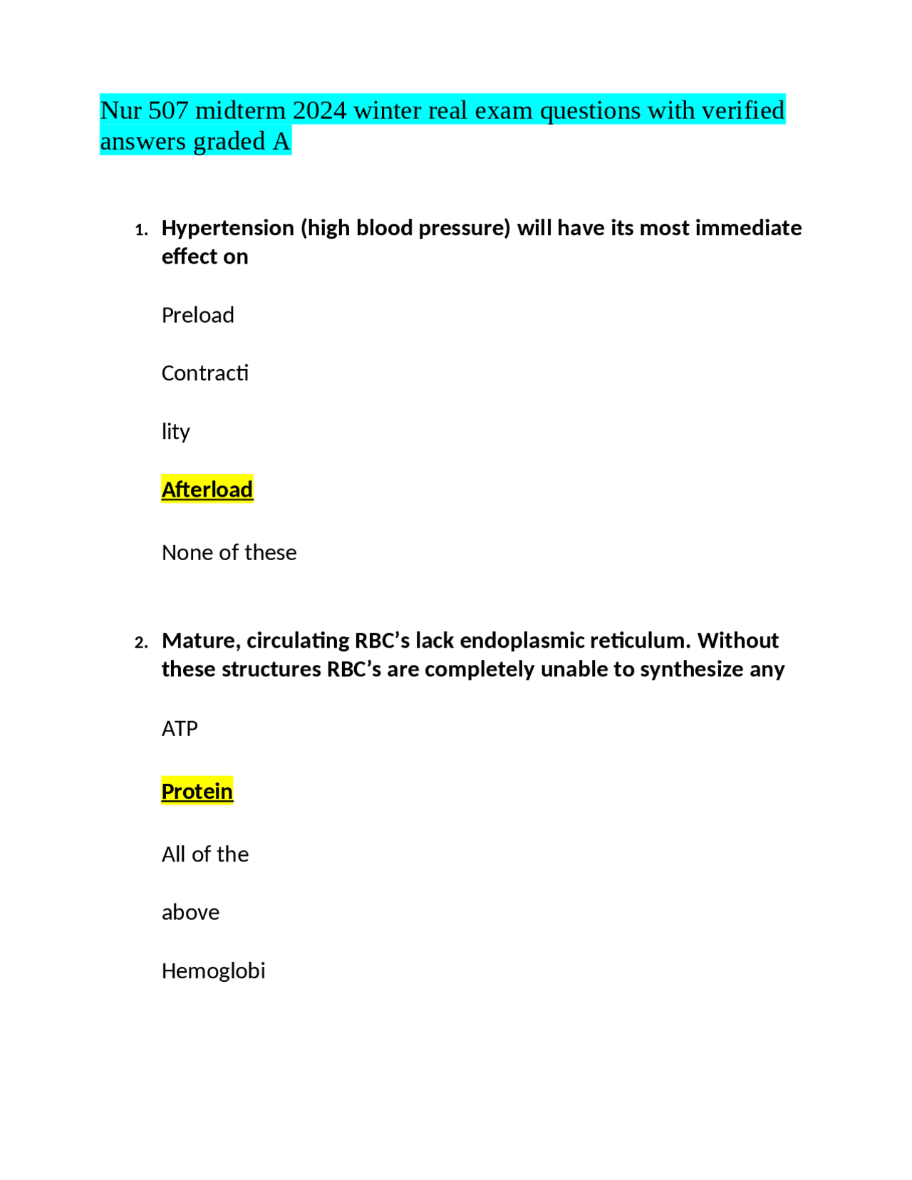 Nur 507 midterm 2024 winter real exam questions with verified answers graded A | Exams Nursing ...