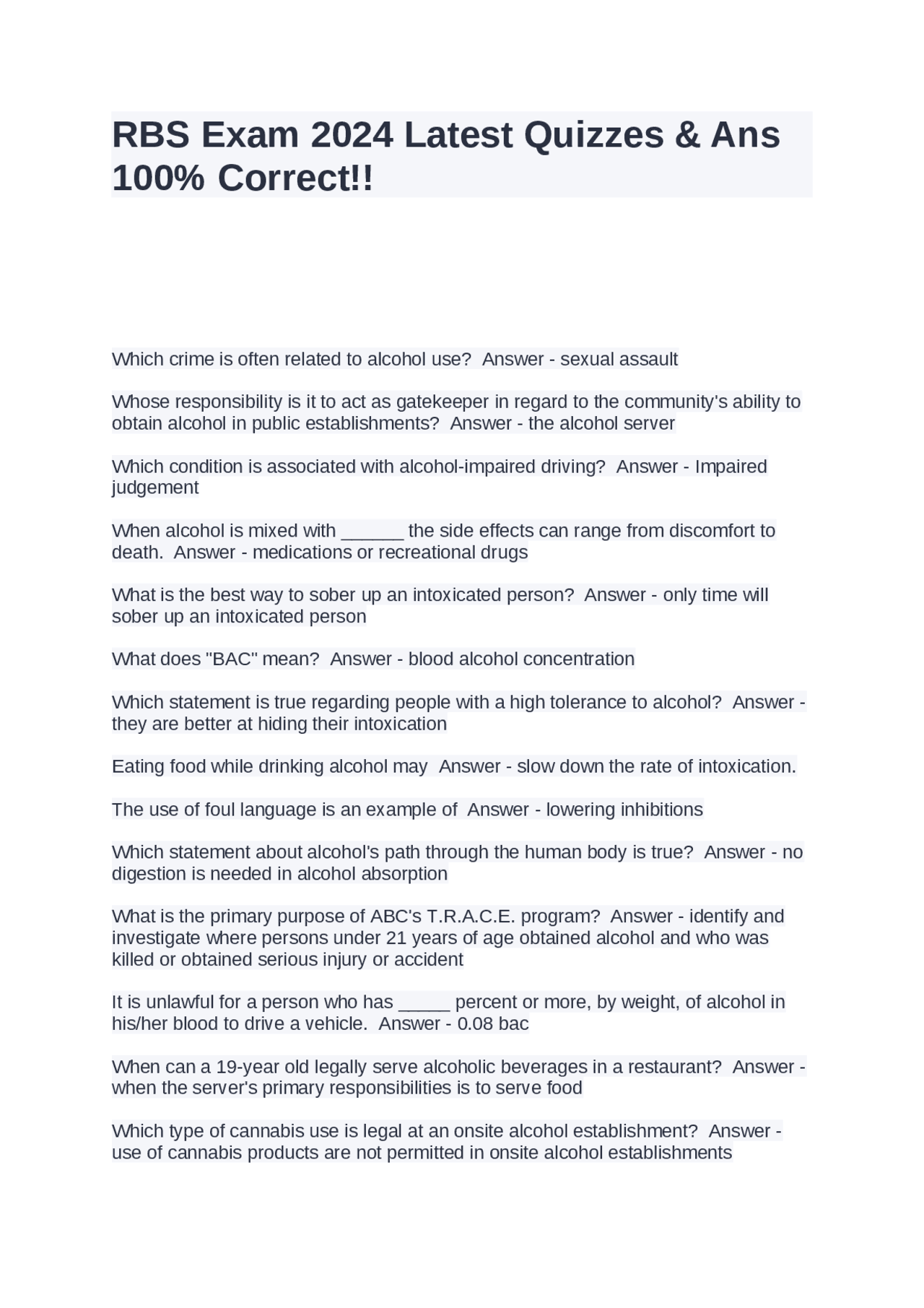 RBS Exam 2024 Latest Quizzes & Ans 100% Correct!!. | Exams Nursing ...
