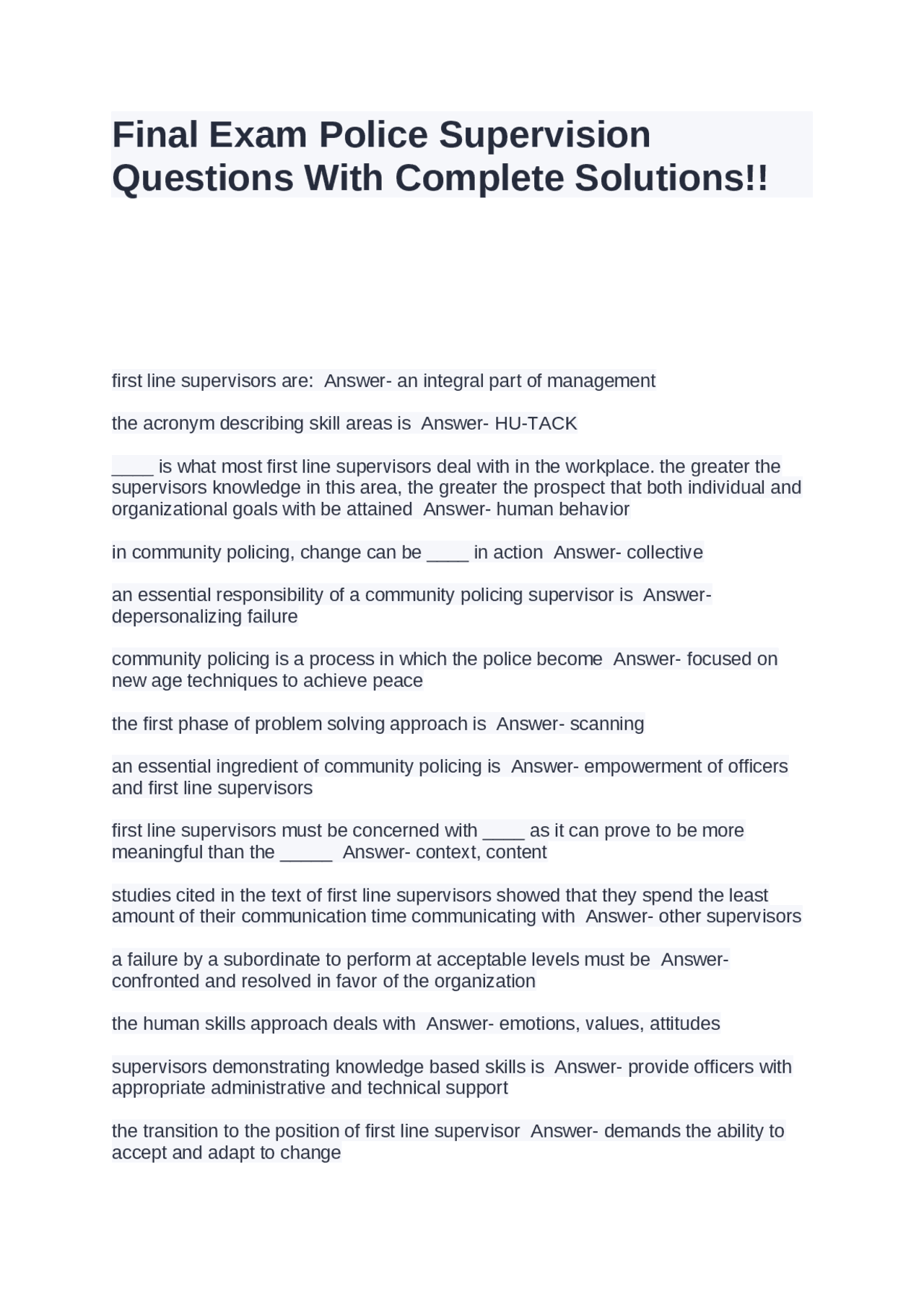 Final Exam Police Supervision Questions With Complete Solutions ...