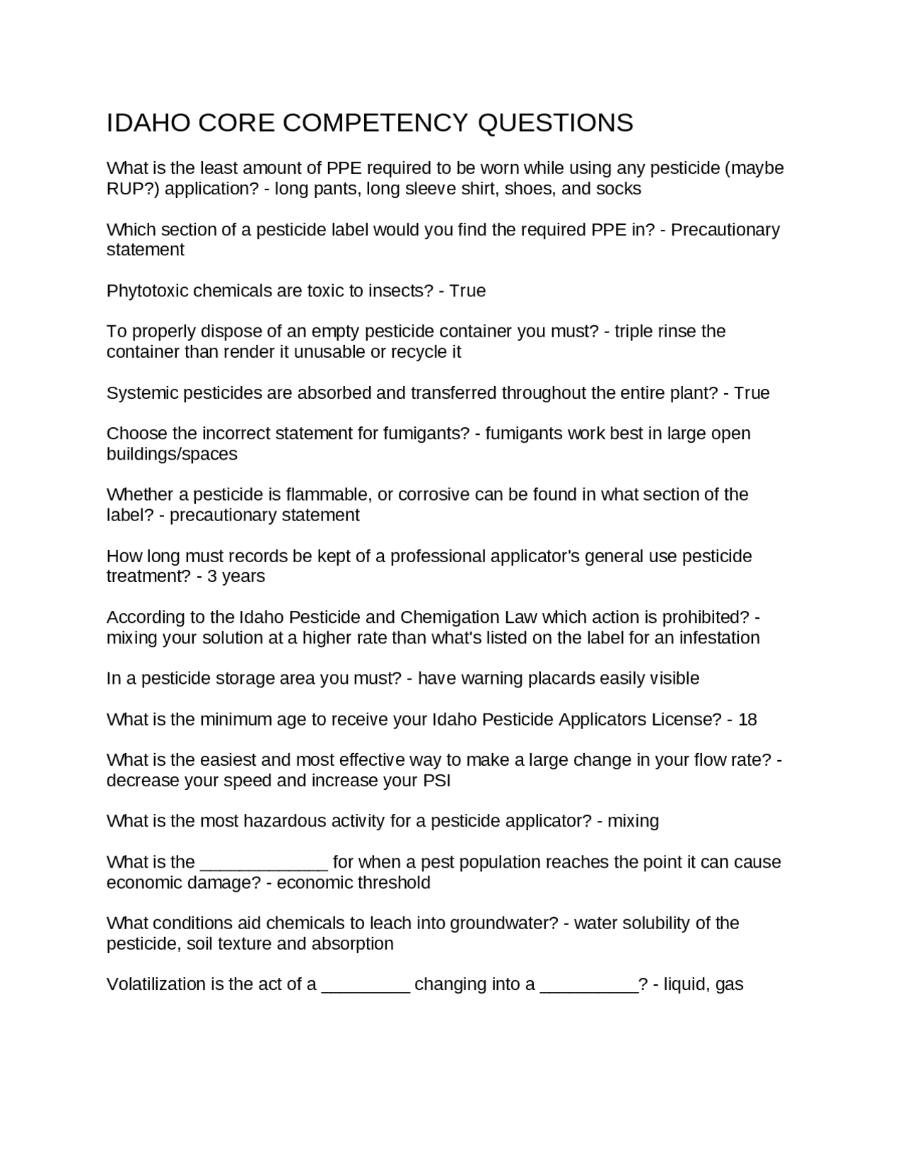 IDAHO CORE COMPETENCY QUESTIONS | Exams Nursing | Docsity