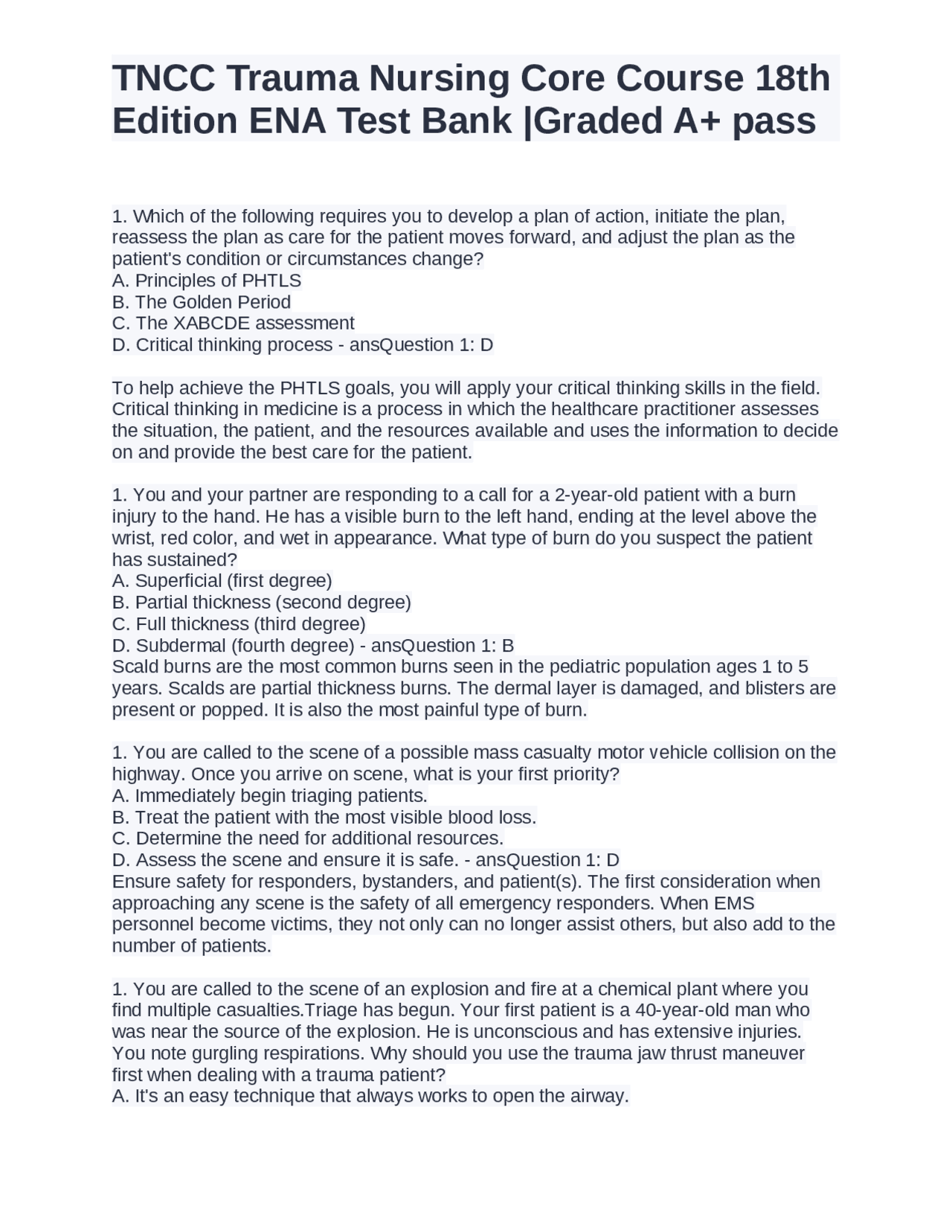TNCC Trauma Nursing Core Course 18th Edition ENA Test Bank Graded A+ ...