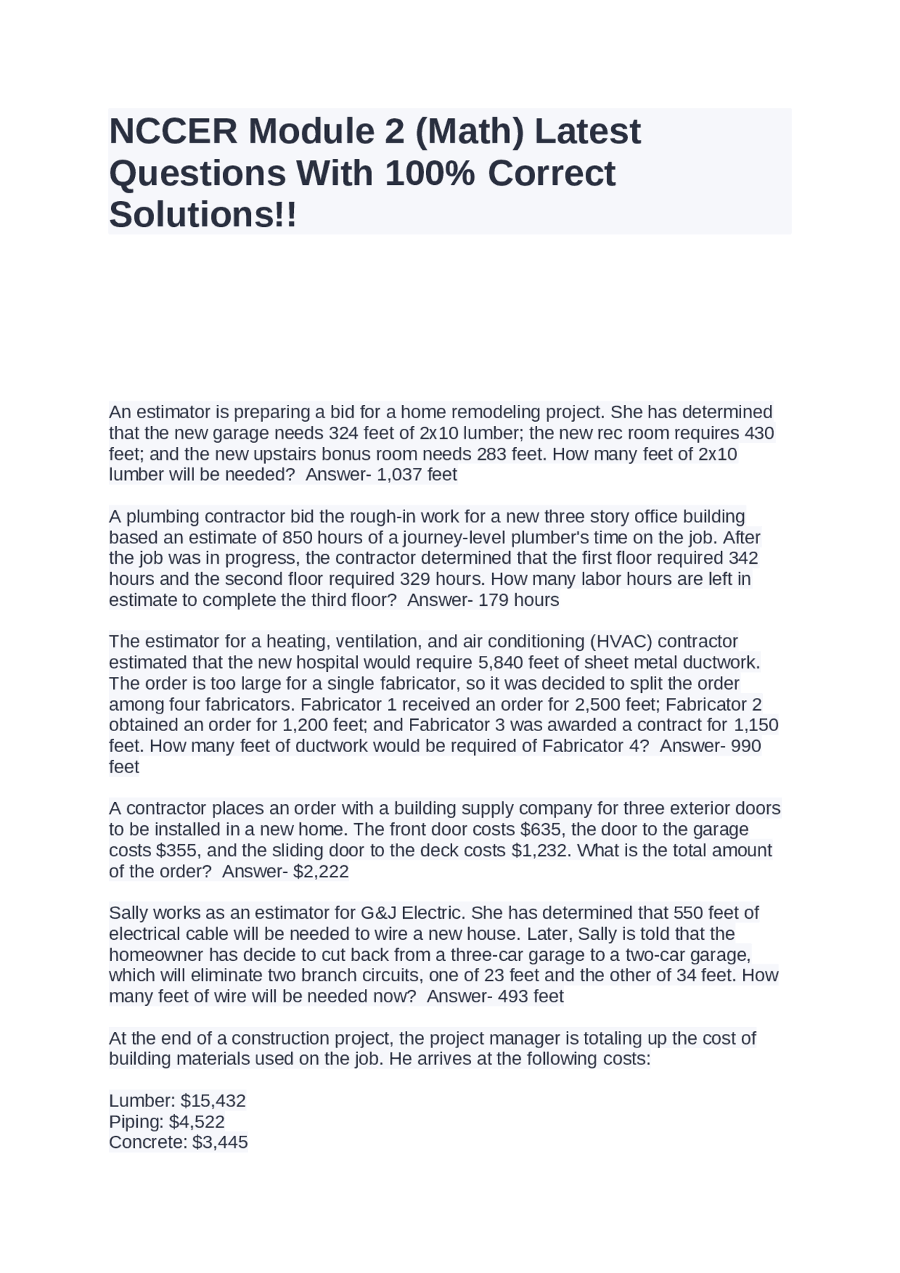 NCCER Module 2 (Math) Latest Questions With 100% Correct Solutions ...