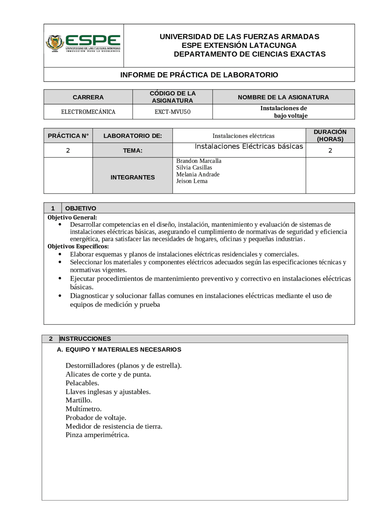 Informe de Práctica de Laboratorio: Instalaciones Eléctricas Básicas - Prof. Ávalos | Guías ...