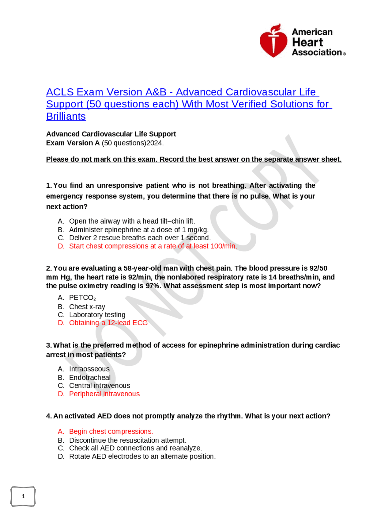 ACLS Exam Version A&B - Advanced Cardiovascular Life Support (50 ...
