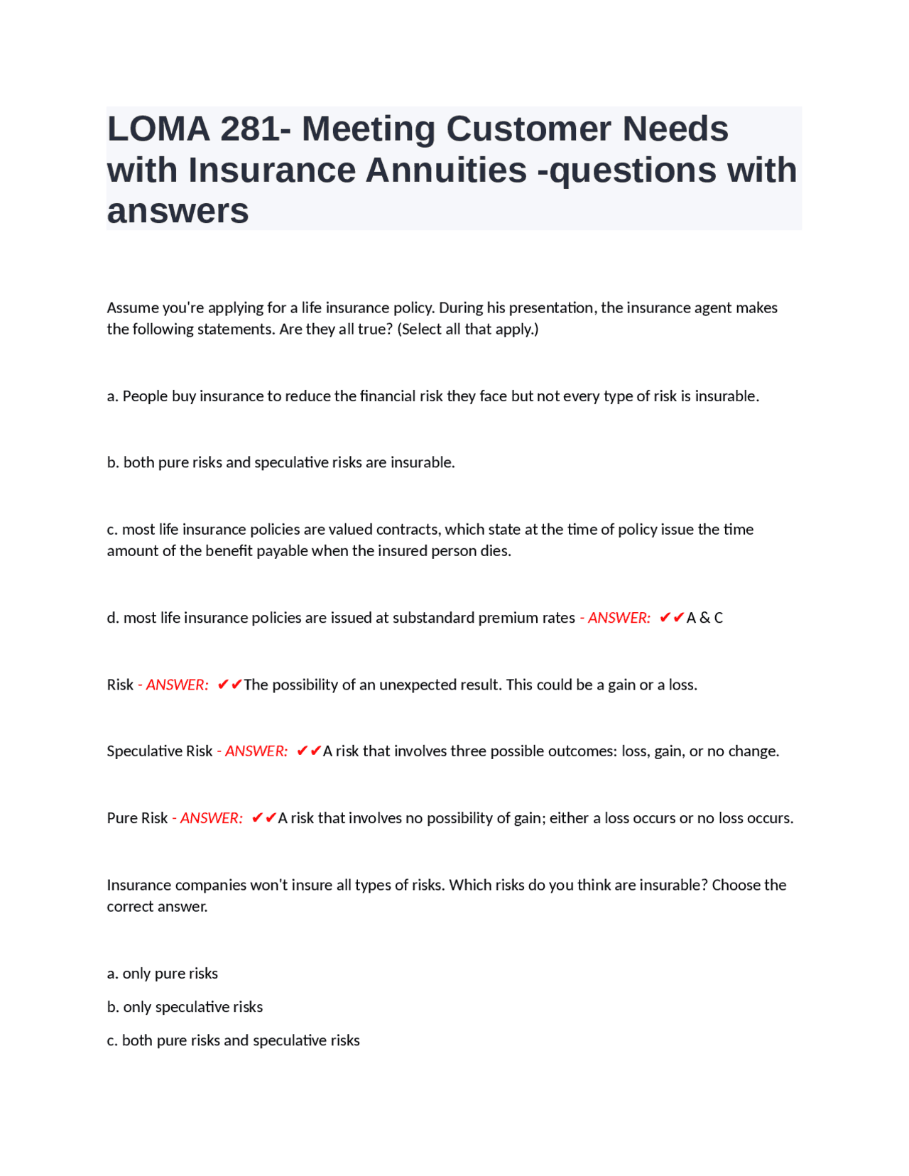 LOMA 281- Meeting Customer Needs with Insurance Annuities -questions ...