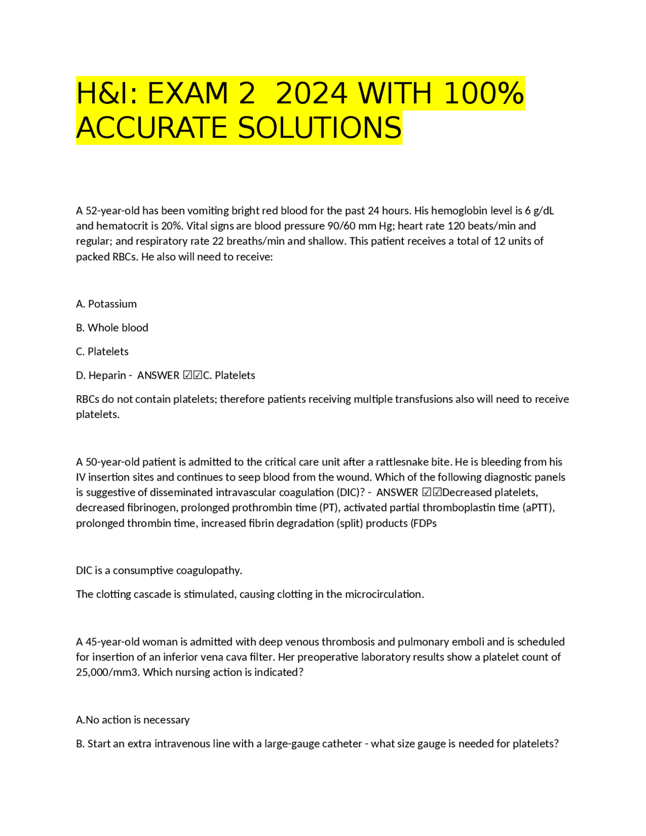 H&I: EXAM 2 2024 WITH 100% ACCURATE SOLUTIONS | Exams Nursing | Docsity