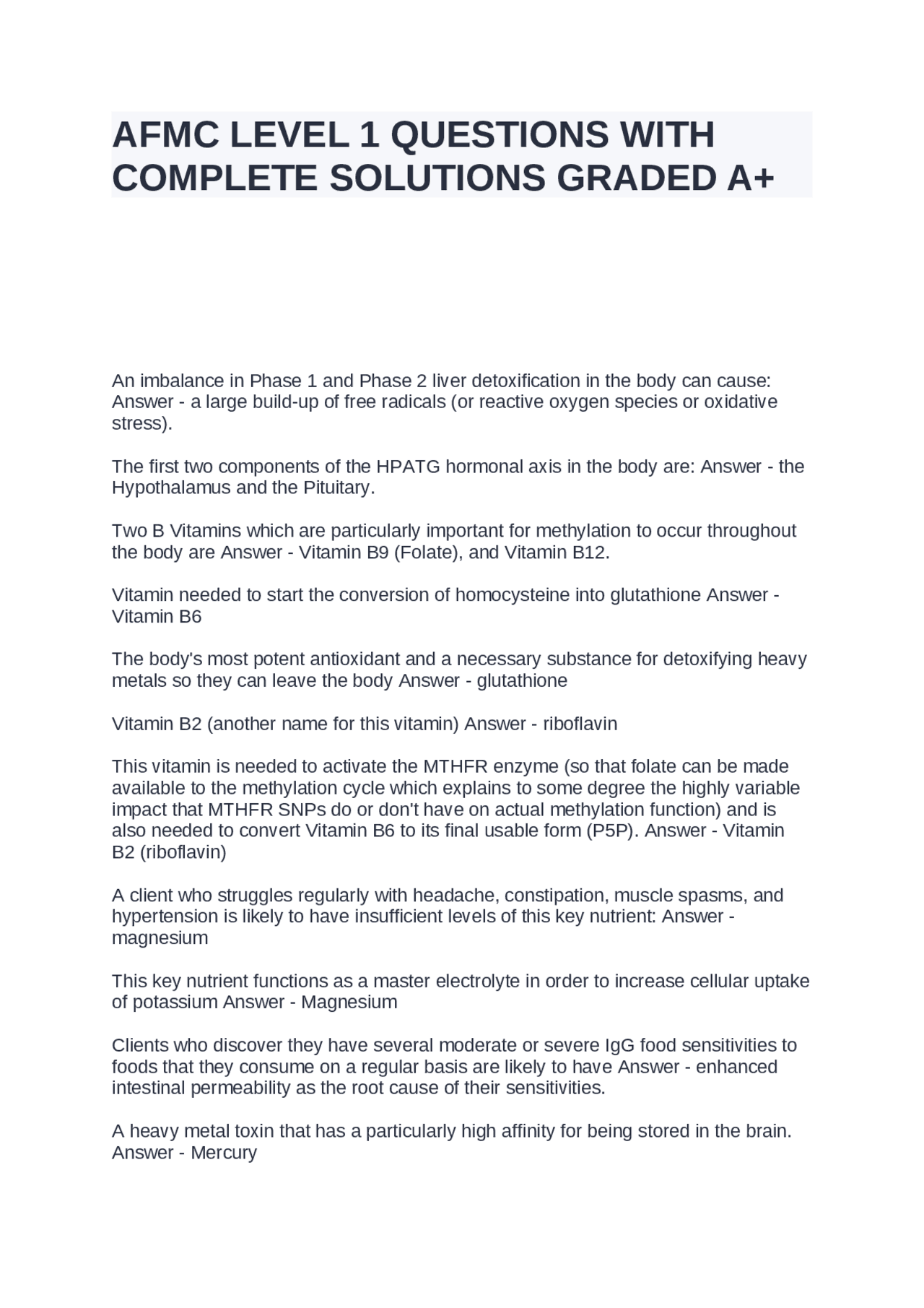 AFMC LEVEL 1 QUESTIONS WITH COMPLETE SOLUTIONS GRADED A+. | Exams ...