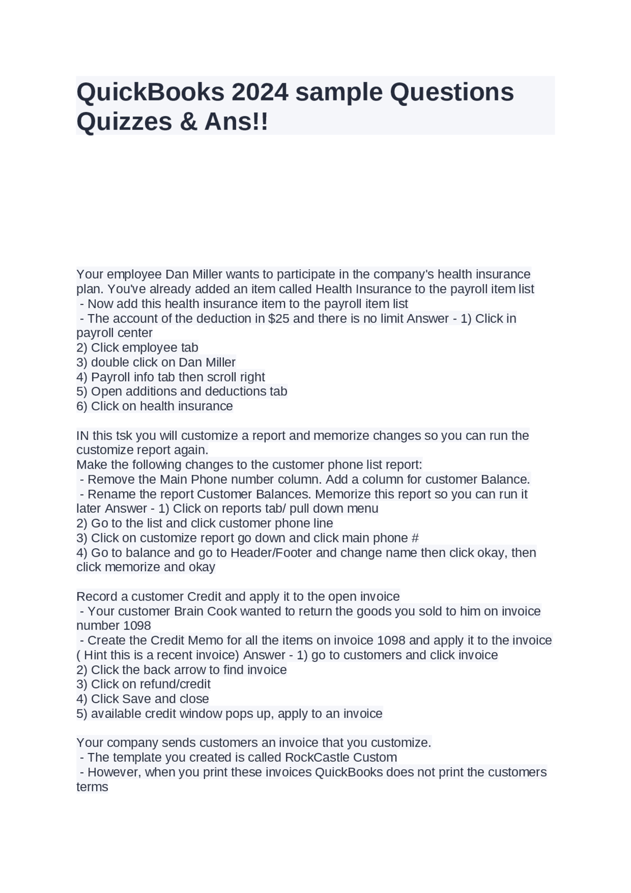 QuickBooks 2024 sample Questions Quizzes & Ans!!. | Exams Nursing | Docsity