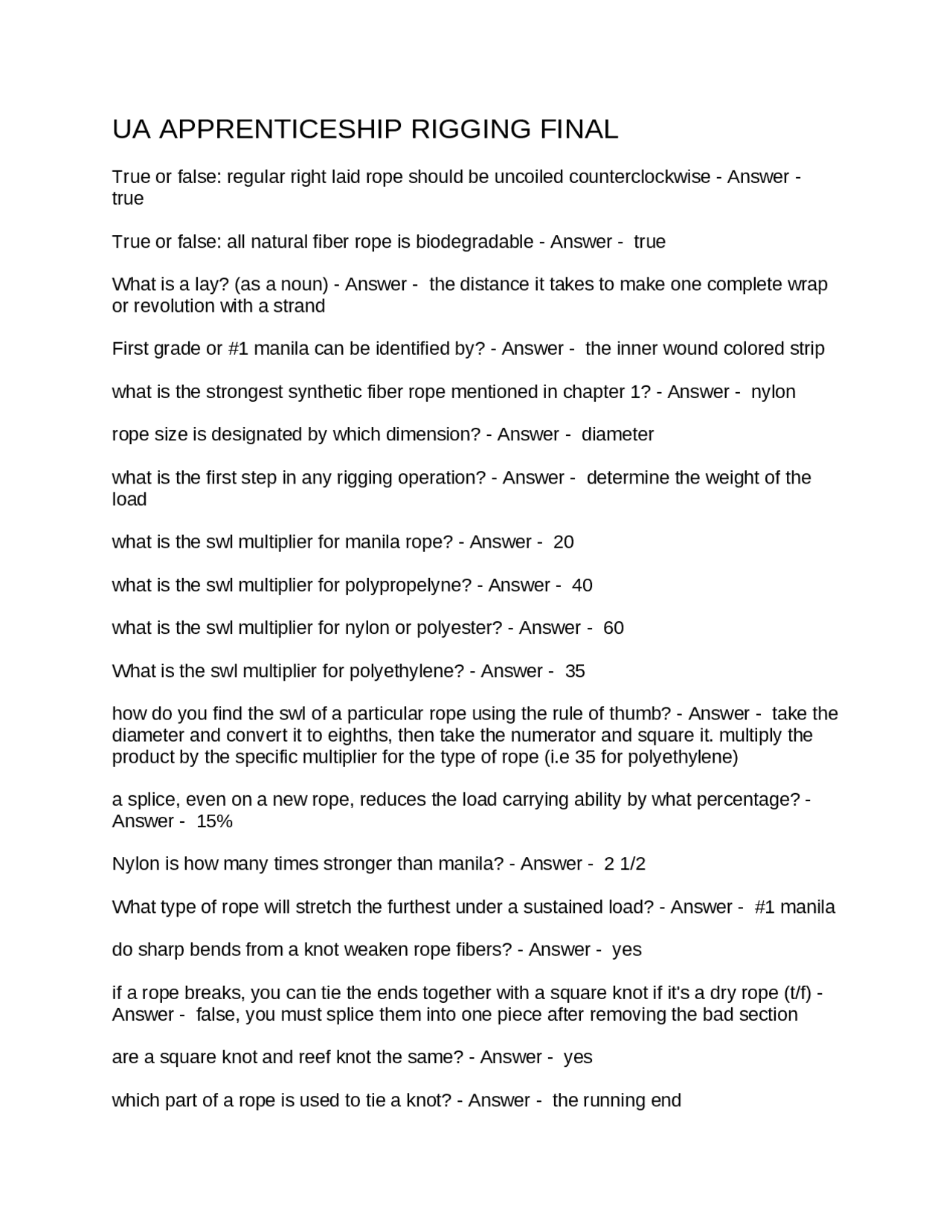 UA APPRENTICESHIP RIGGING FINAL | Exams Nursing | Docsity