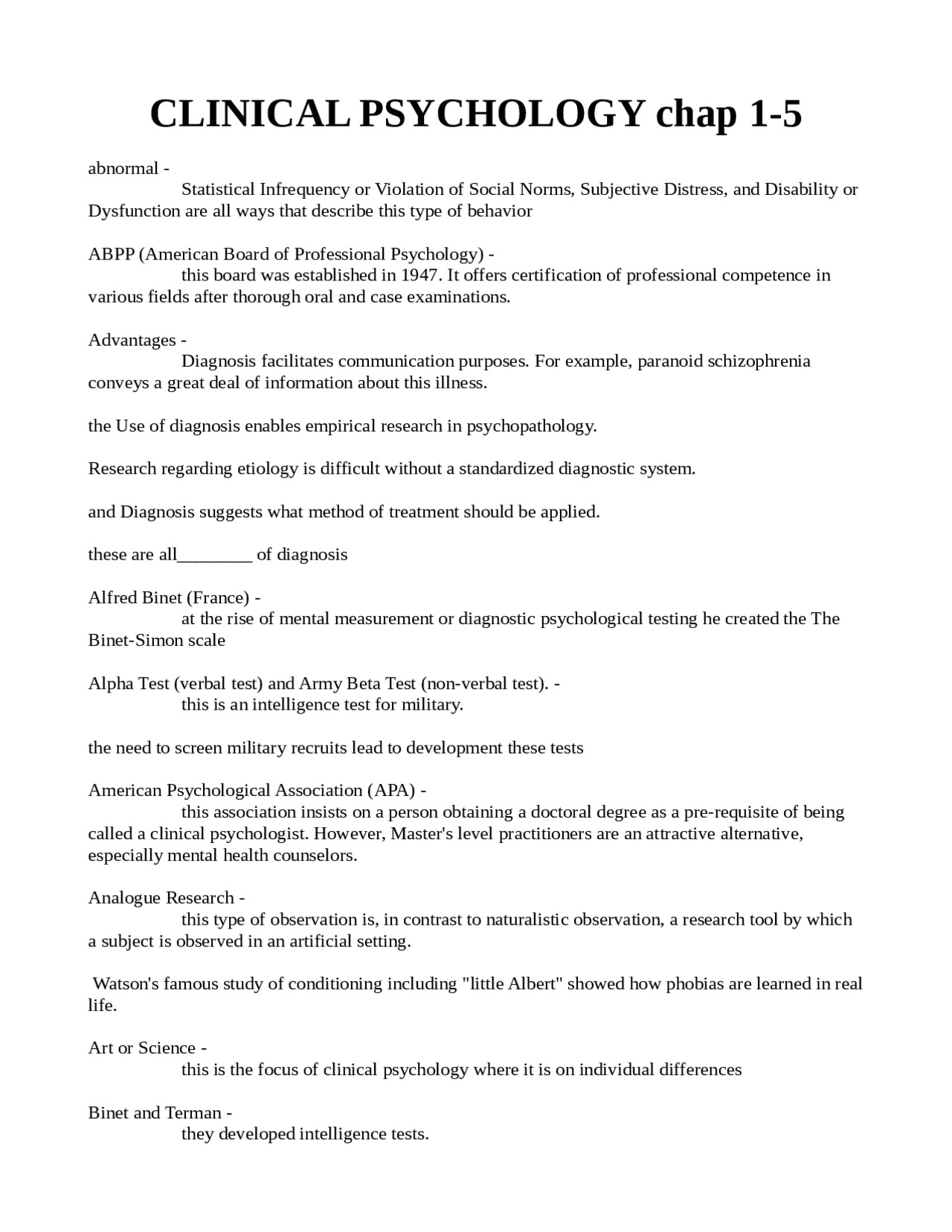 CLINICAL PSYCHOLOGY chap 1-5. | Exams Psychology | Docsity