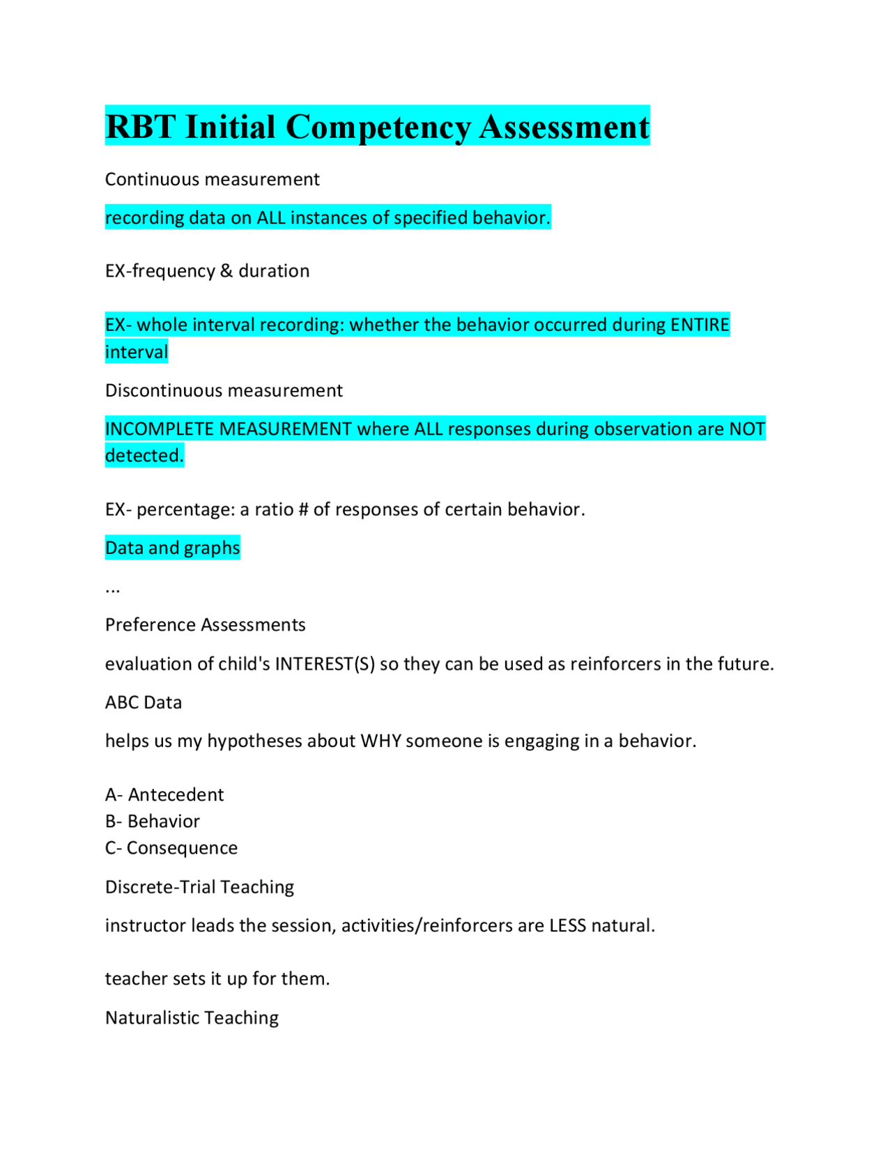 RBT Initial Competency Assessment | Exams Psychology | Docsity