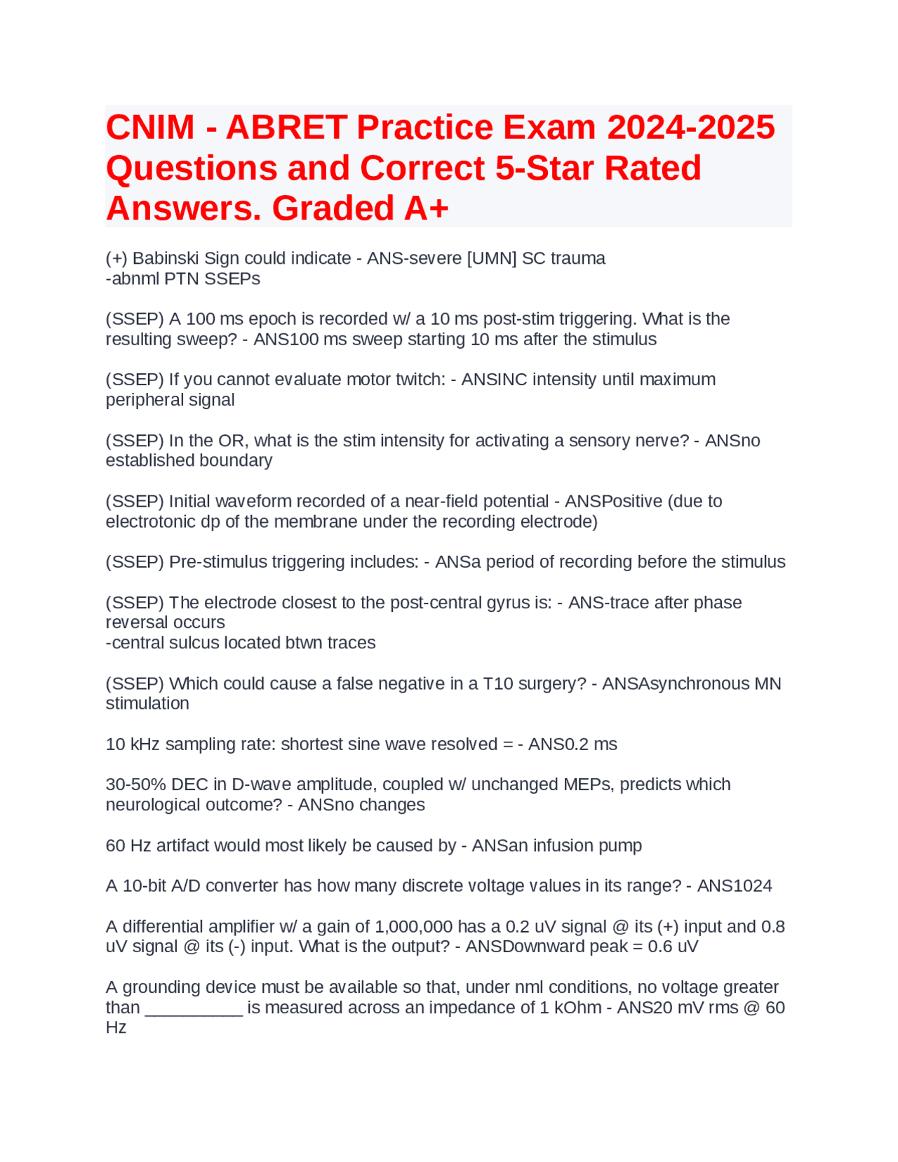 CNIM - ABRET Practice Exam 2024-2025 Questions and Correct 5-Star Rated ...