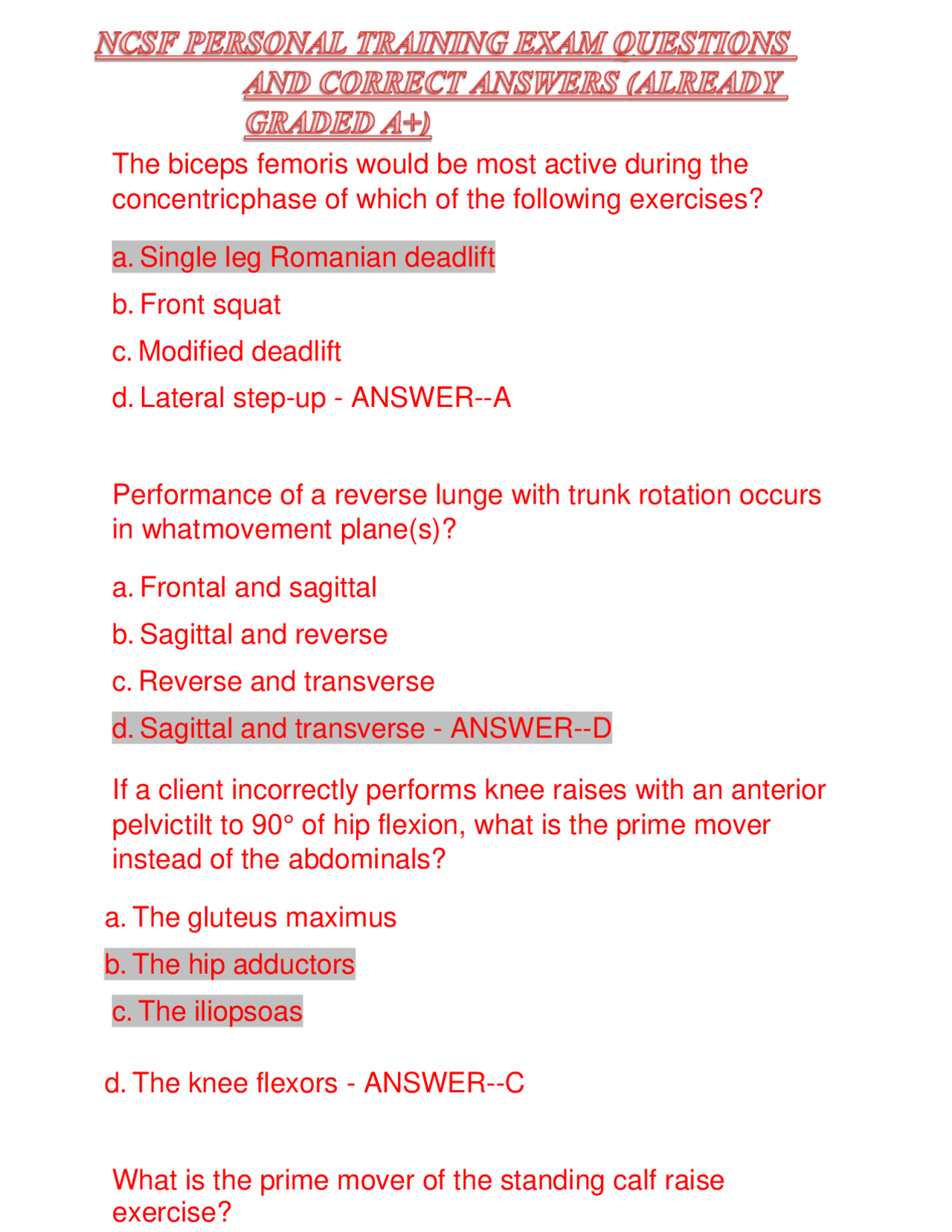 NCSF PERSONAL TRAINING EXAM 2024 | Exams Public Health | Docsity