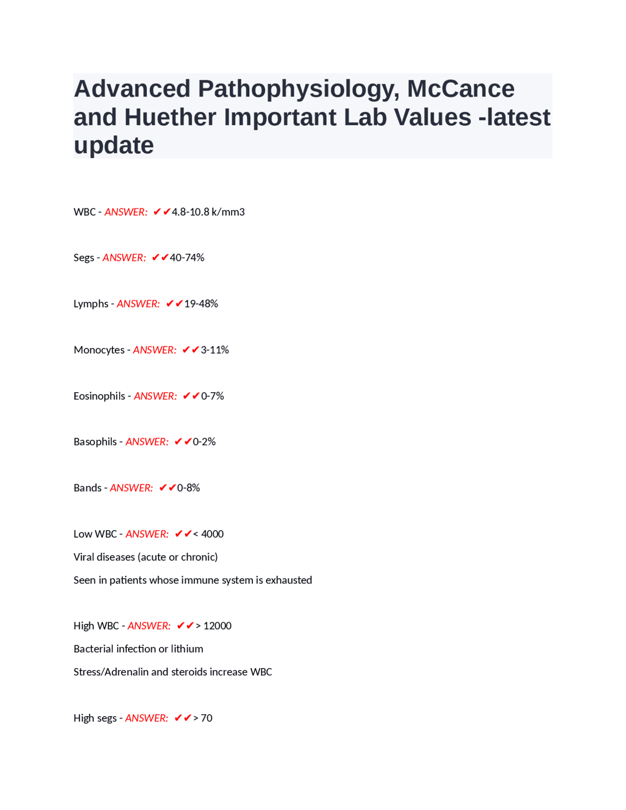 Advanced Pathophysiology, McCance and Huether Important Lab Values ...