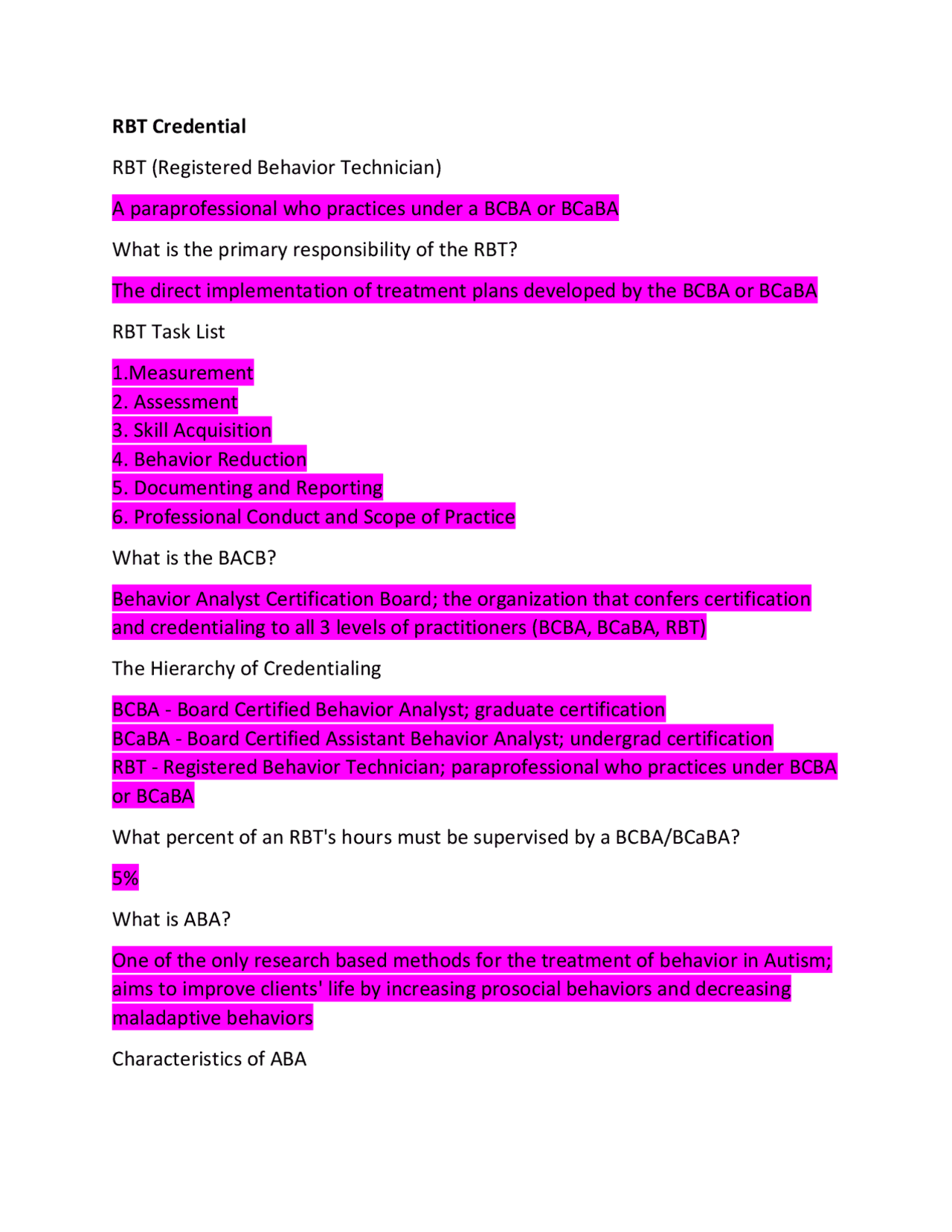 RBT Credential (Questions and Answers, 100% Correct) | Exams Psychology ...