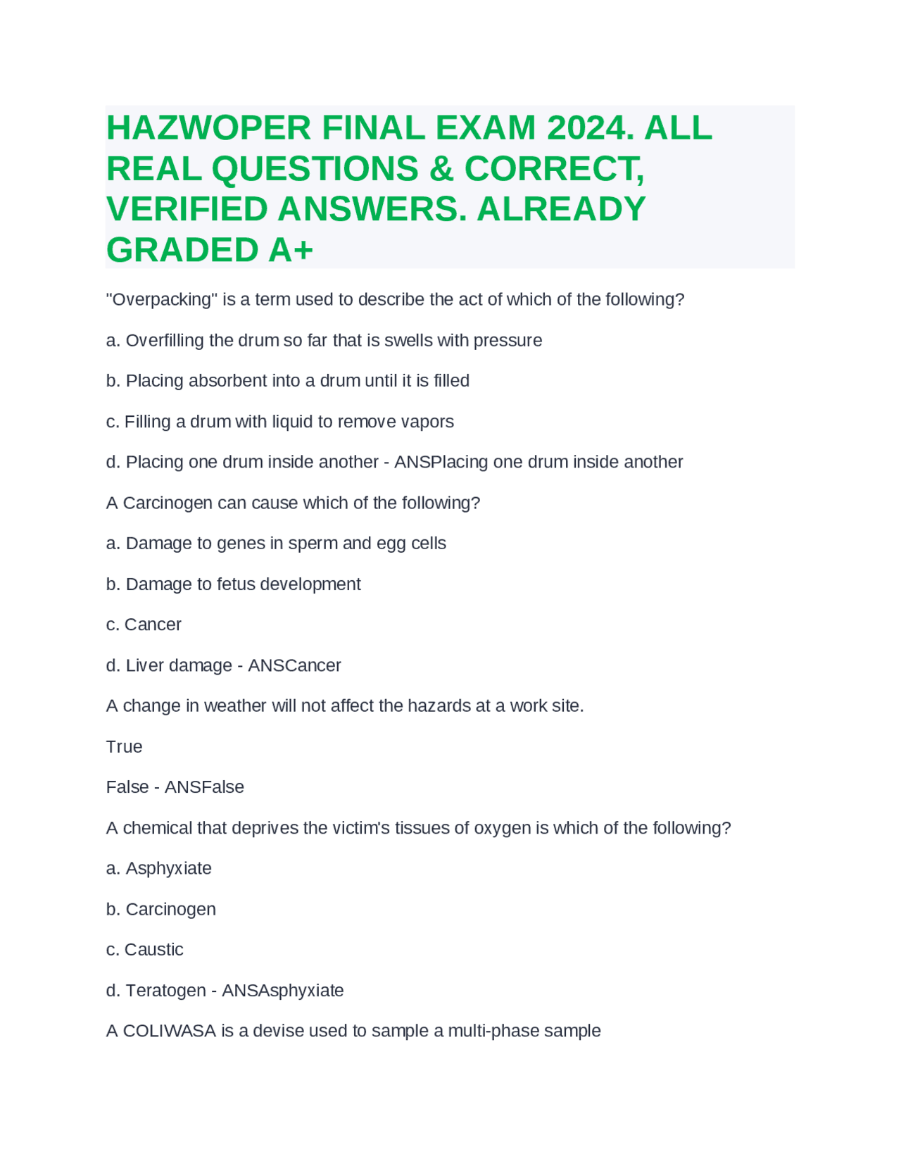 HAZWOPER FINAL EXAM 2024. REAL QUESTIONS & CORRECT, VERIFIED ANSWERS ...