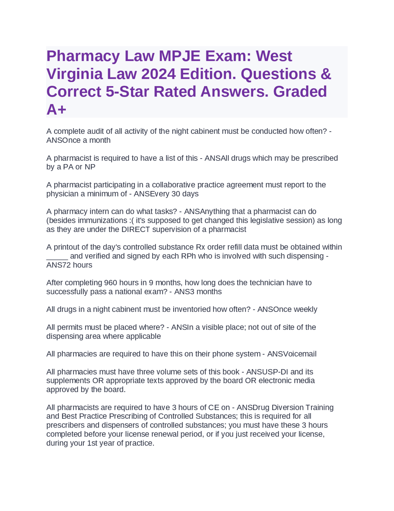Pharmacy Law MPJE Exam West Virginia Law 2024 Edition. Questions & 5 ...