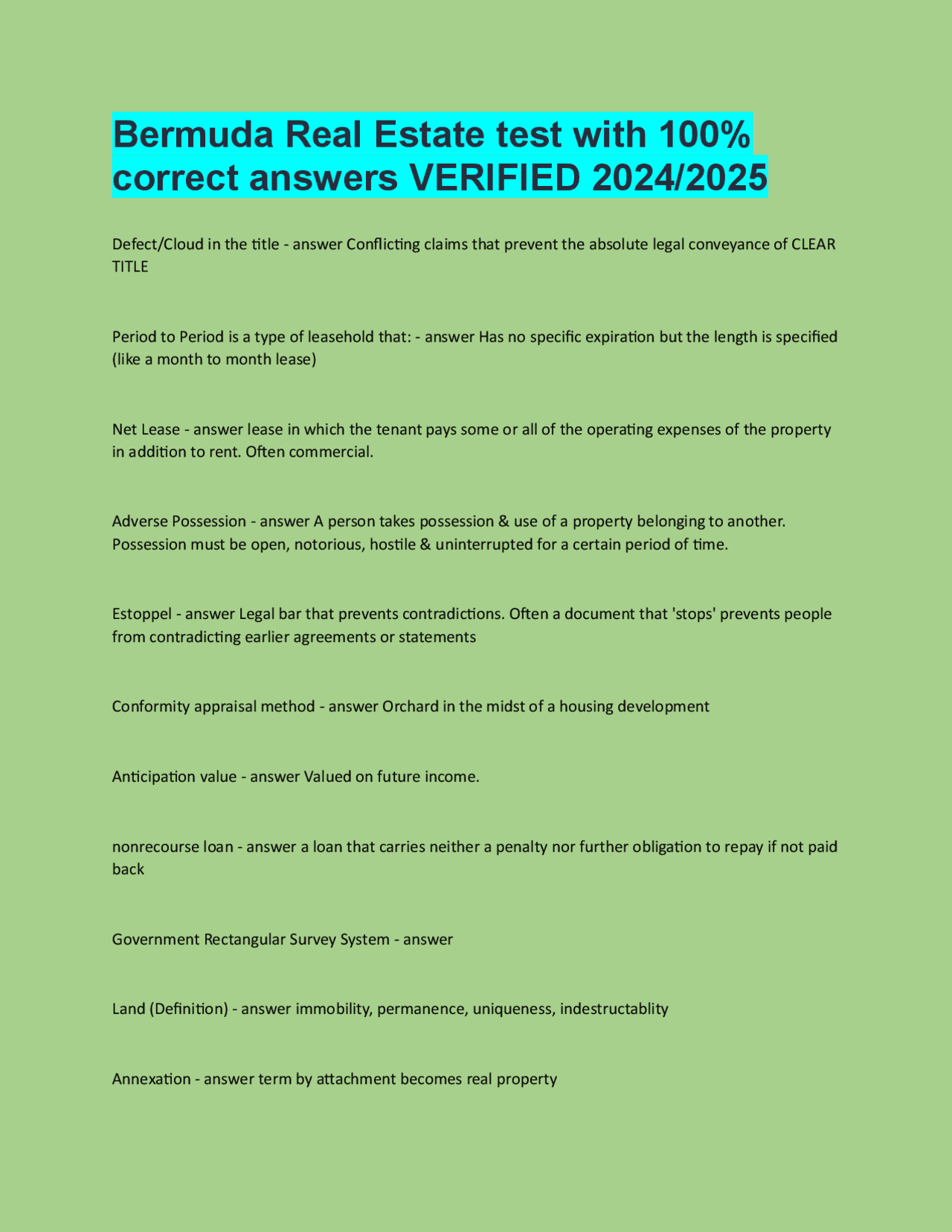 Bermuda Real Estate test with 100% correct answers VERIFIED 2024/2025 ...