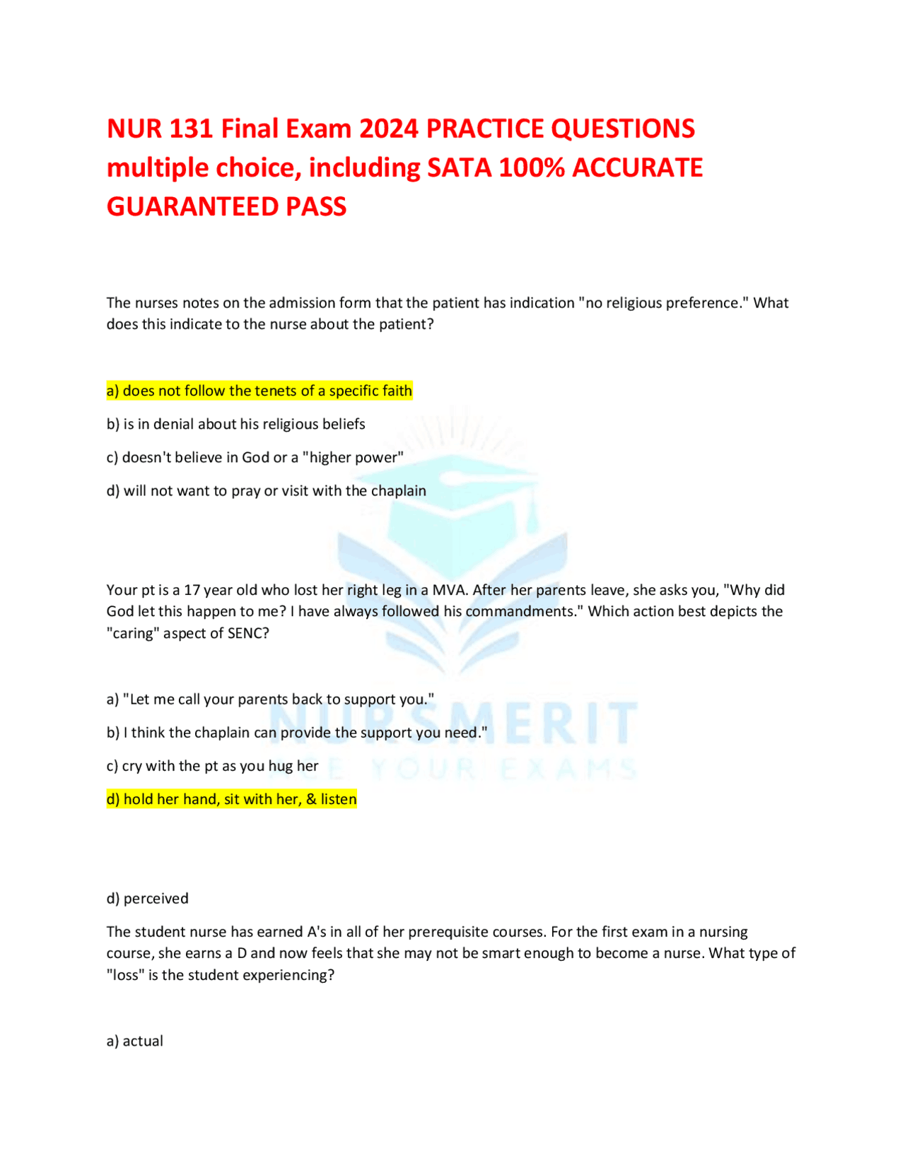 NUR 131 Final Exam 2024 PRACTICE QUESTIONS multiple choice, including ...