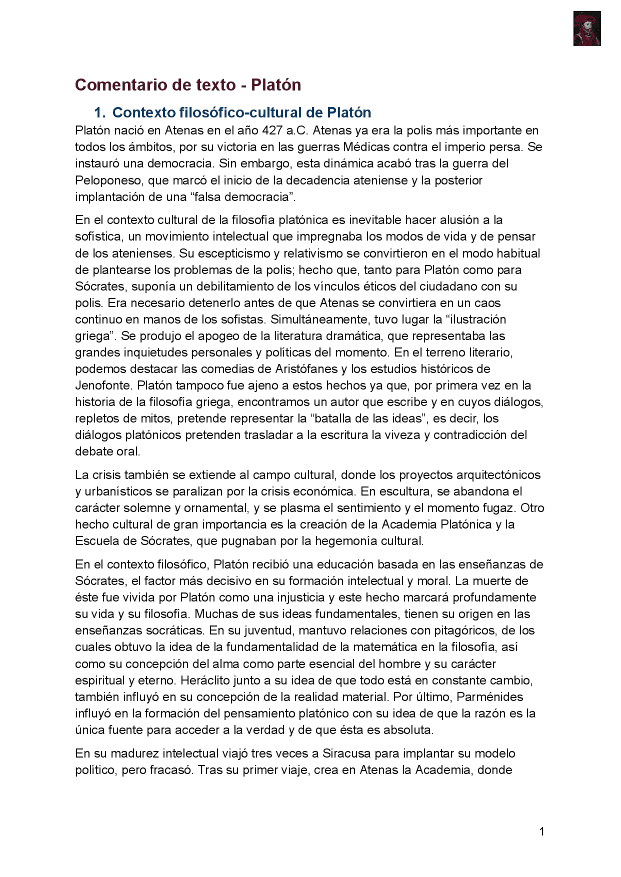 Comentario de texto: Platón | Apuntes de Historia de la Filosofía | Docsity
