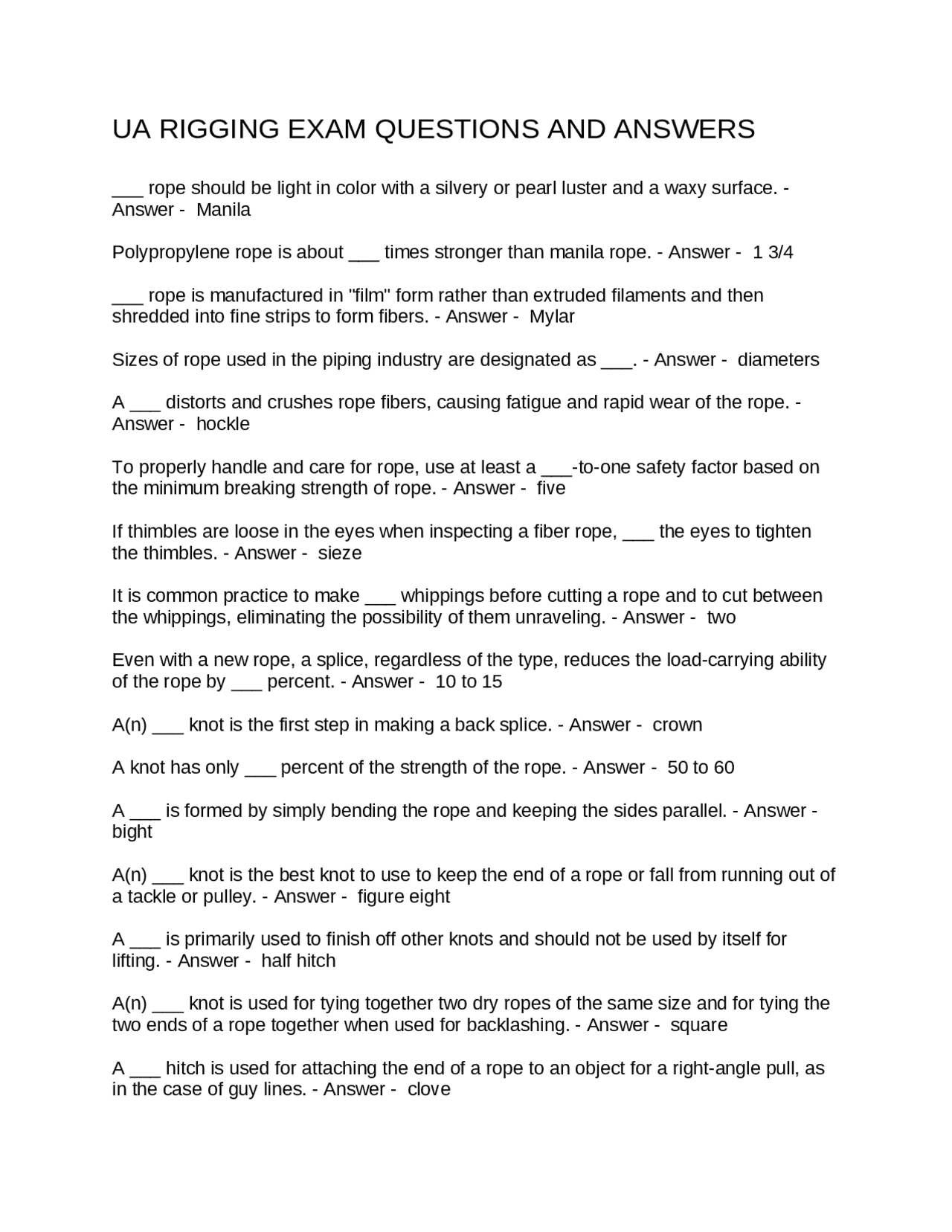 UA RIGGING EXAM QUESTIONS AND ANSWERS | Exams Nursing | Docsity