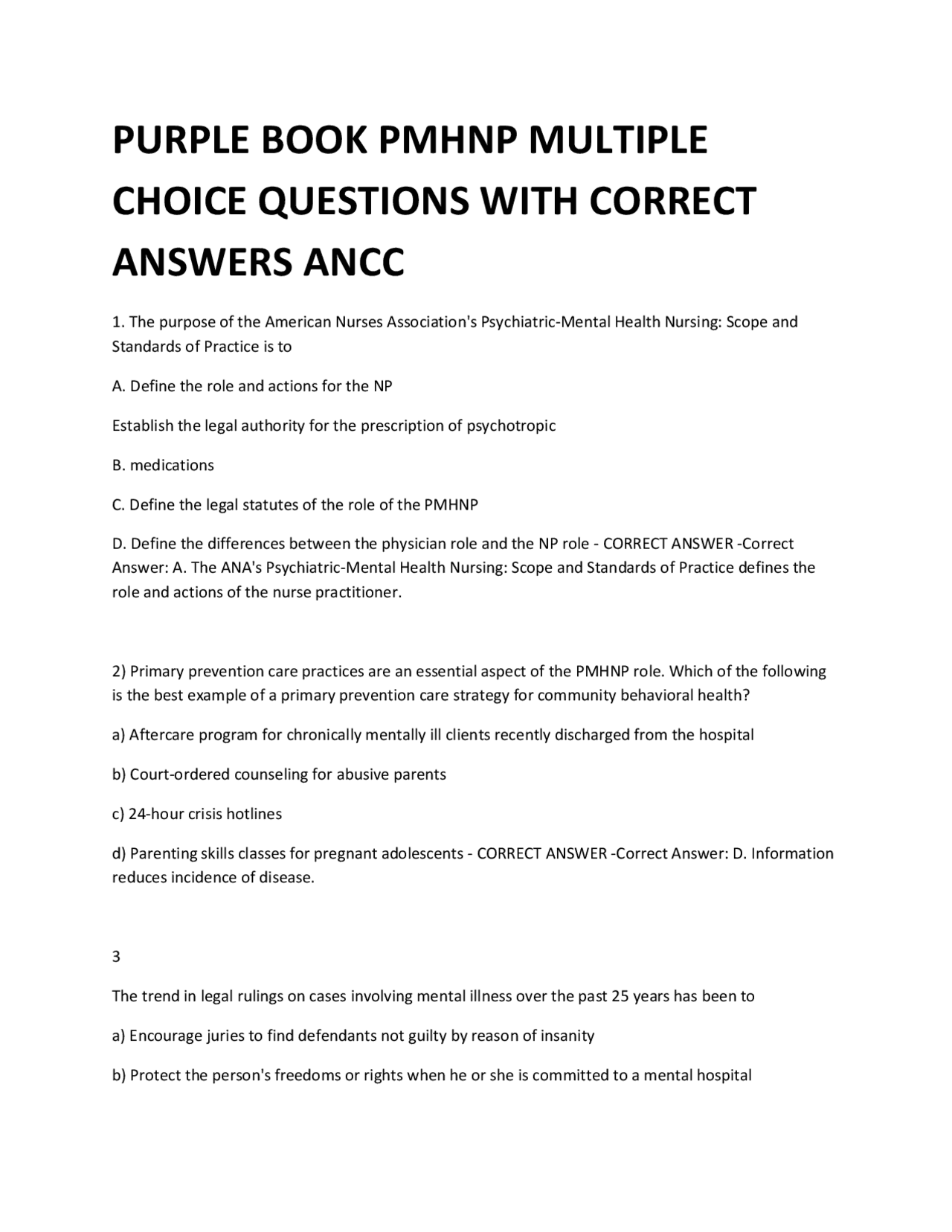 PURPLE BOOK PMHNP MULTIPLE CHOICE QUESTIONS WITH CORRECT ANSWERS ANCC ...