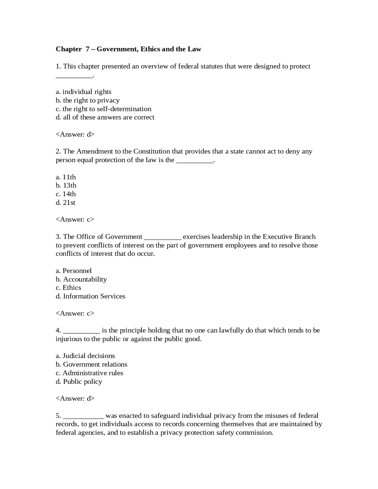 Chapter 7 Government, Ethics and the Law MULTIPLE CHOICE | Exams ...