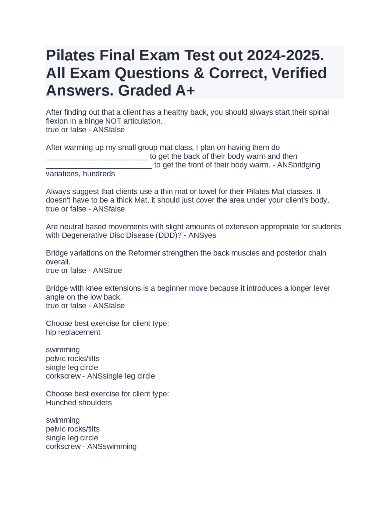 Pilates Final Exam Test out 2024-2025. All Exam Questions & Correct ...
