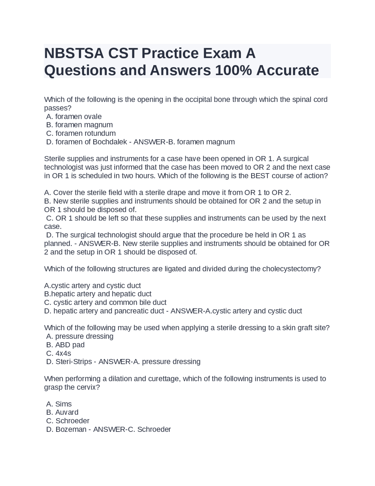 NBSTSA CST Practice Exam A Questions and Answers 100% Accurate | Exams ...