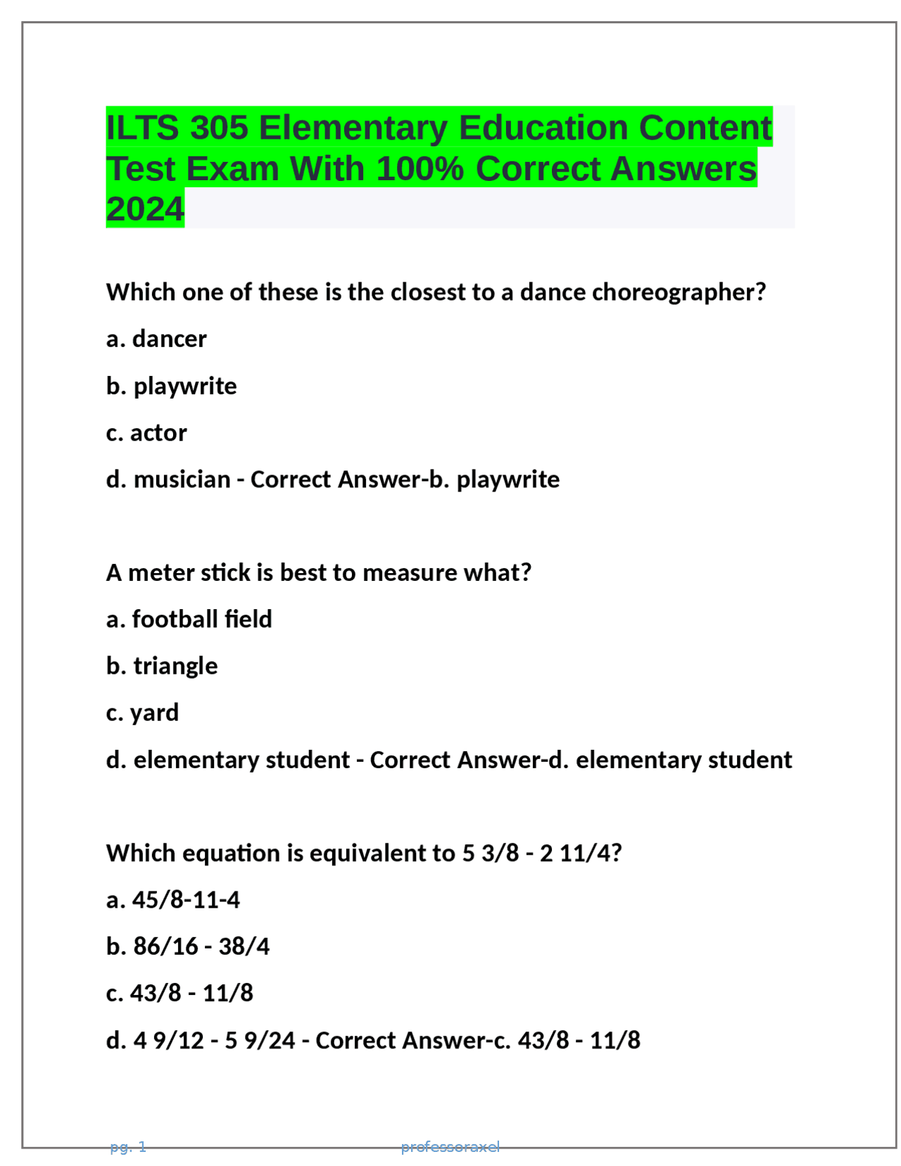 ILTS 305 Elementary Education Content Test Exam With 100% Correct ...