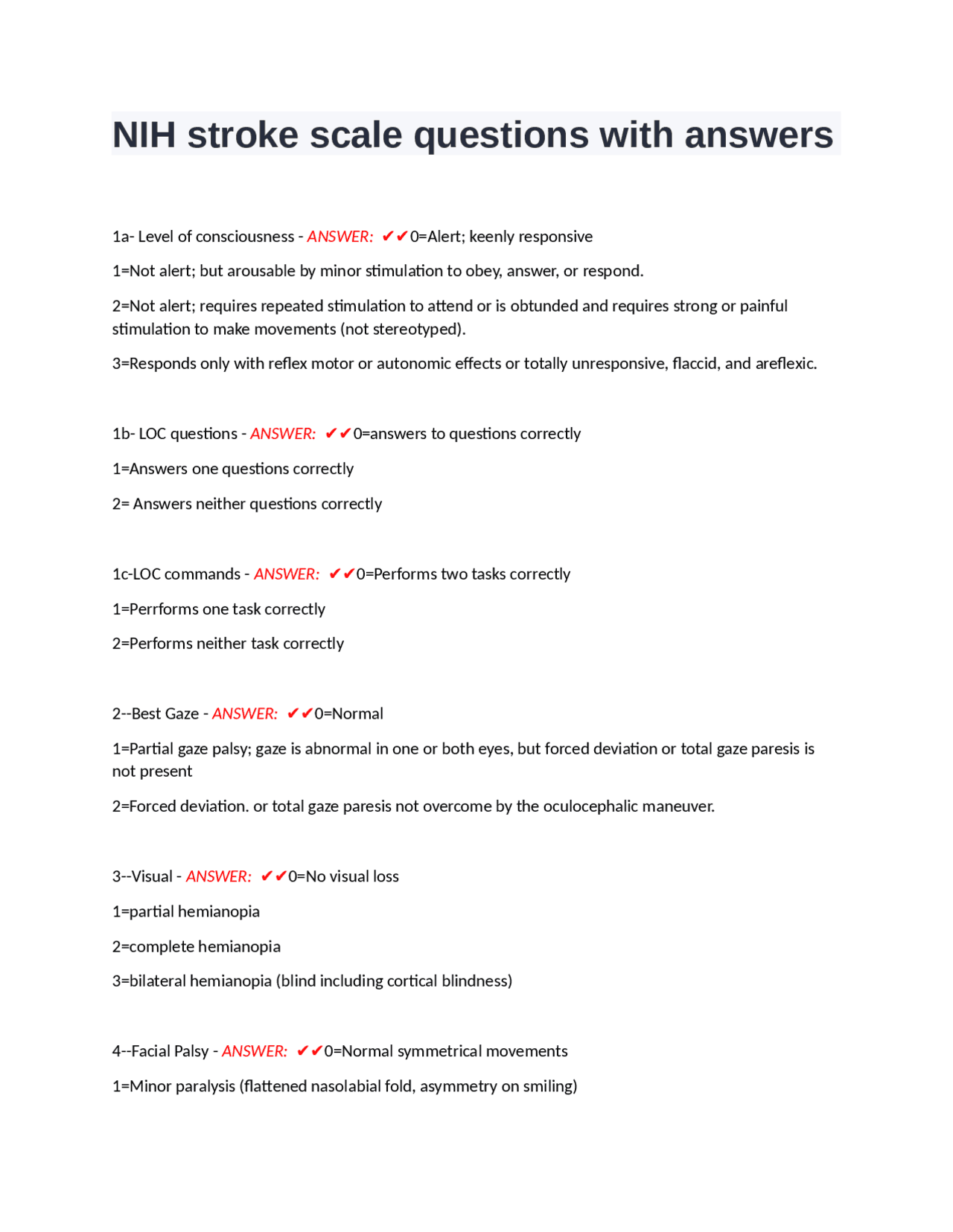 NIH stroke scale questions with answers | Exams Nursing | Docsity