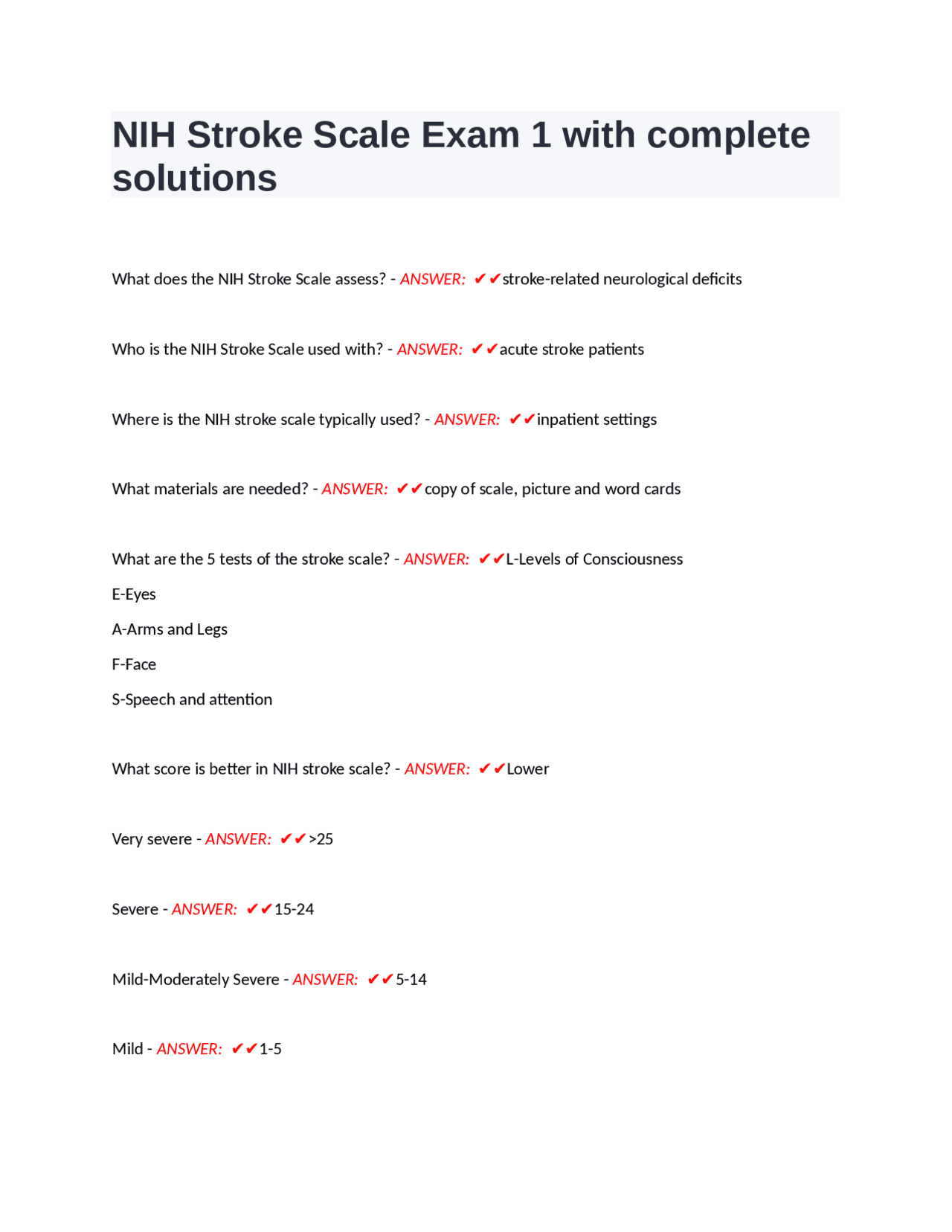 NIH Stroke Scale Exam 1 with complete solutions | Exams Nursing | Docsity