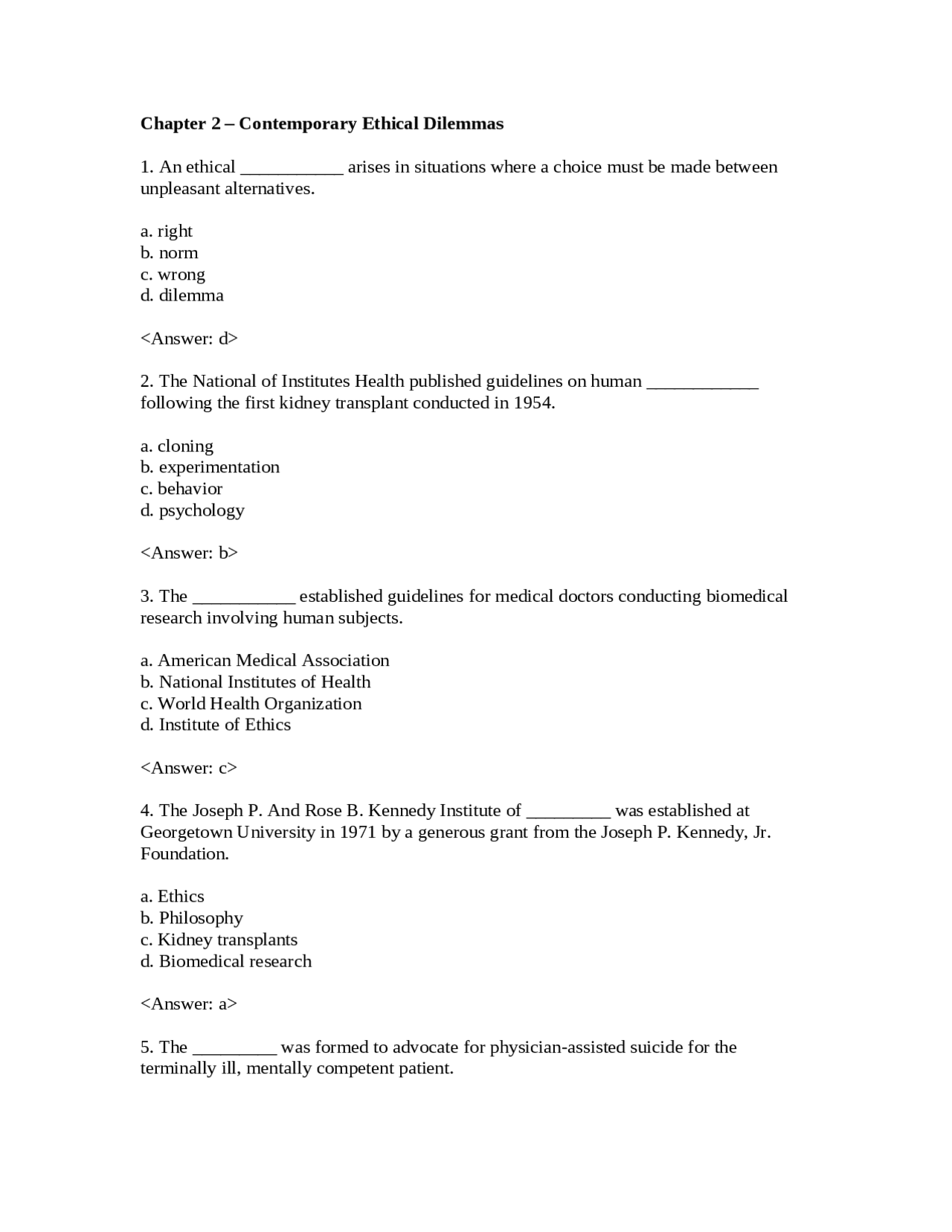 Chapter 2 Contemporary Ethical Dilemmas MULTIPLE CHOICE | Exams Biology ...